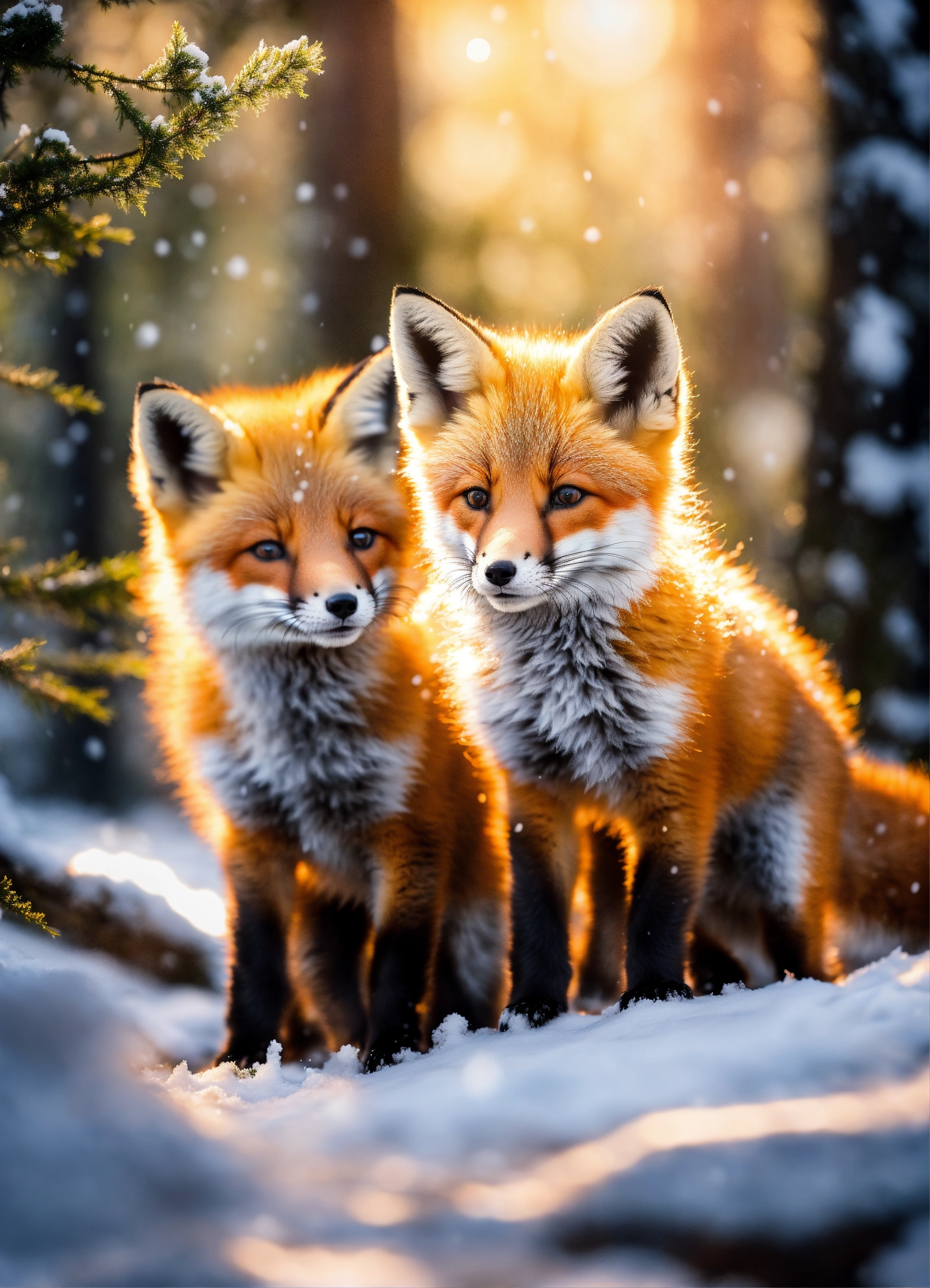 Lexica - Beautiful fox cubs playing in the snow in the moon light in a ...