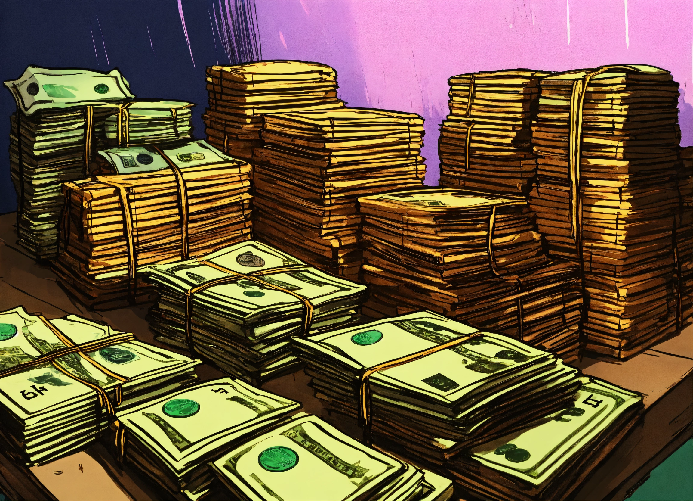 Lexica - A hand drawn painting of many stacks of money on a big table ...