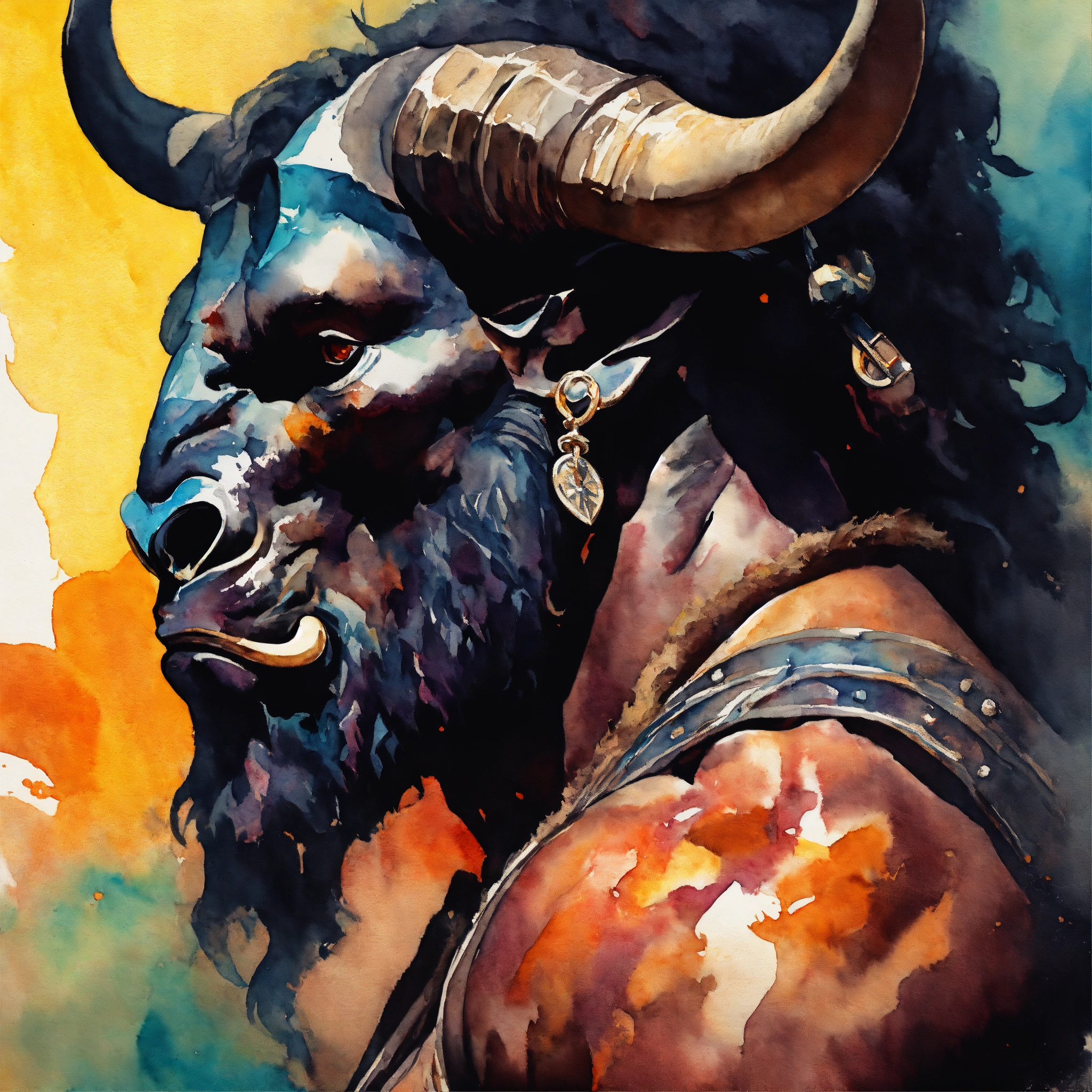 Lexica - Black minotaur, broken horn, holding great axe, profile close ...