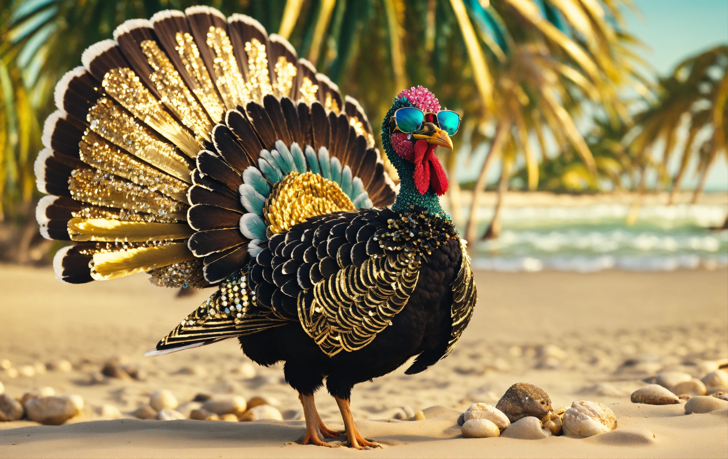 Lexica - Lucky Turkey with sunglasses on the beach with gold and ...