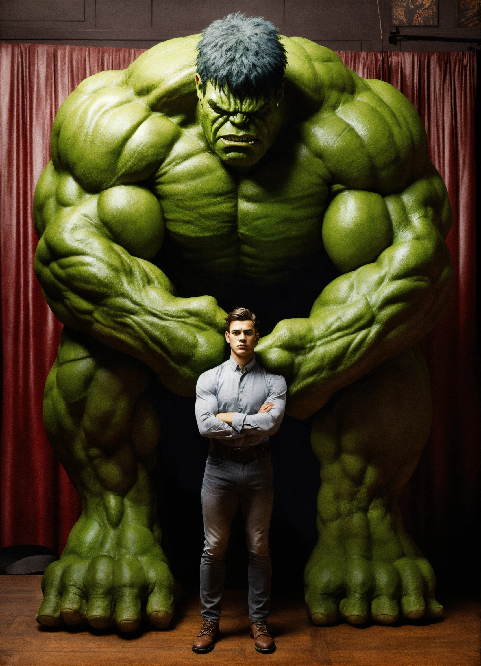 Lexica - Young man standing next to a giant hulk, in the style of ...
