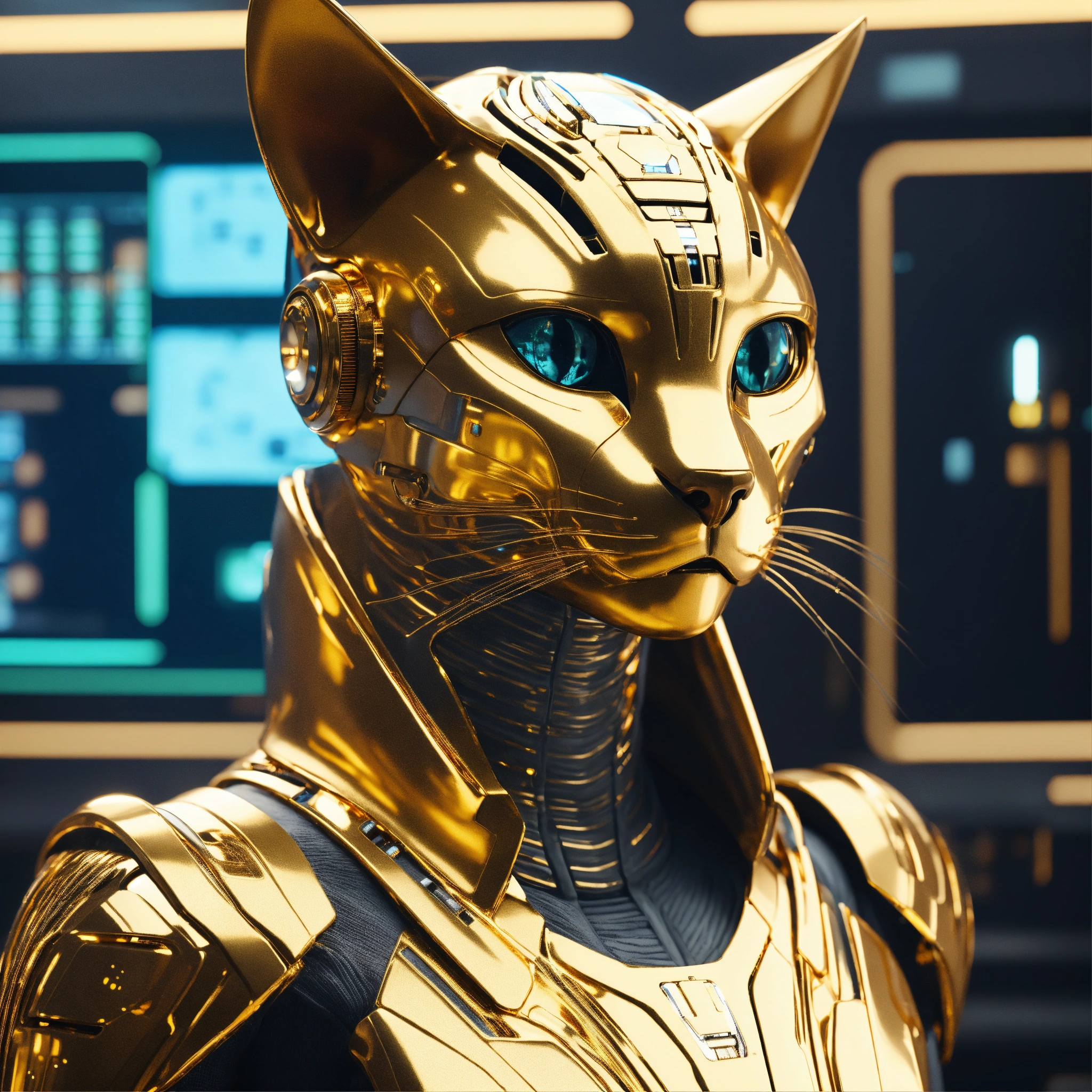Lexica - Zoom out from a sophisticated gold striped cat faced humanoid ...