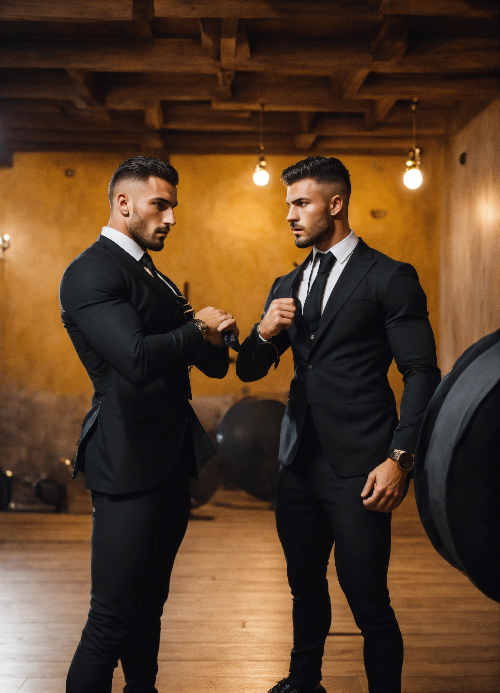 Lexica - Two young Italian muscled sportsmen in black vested suit ...