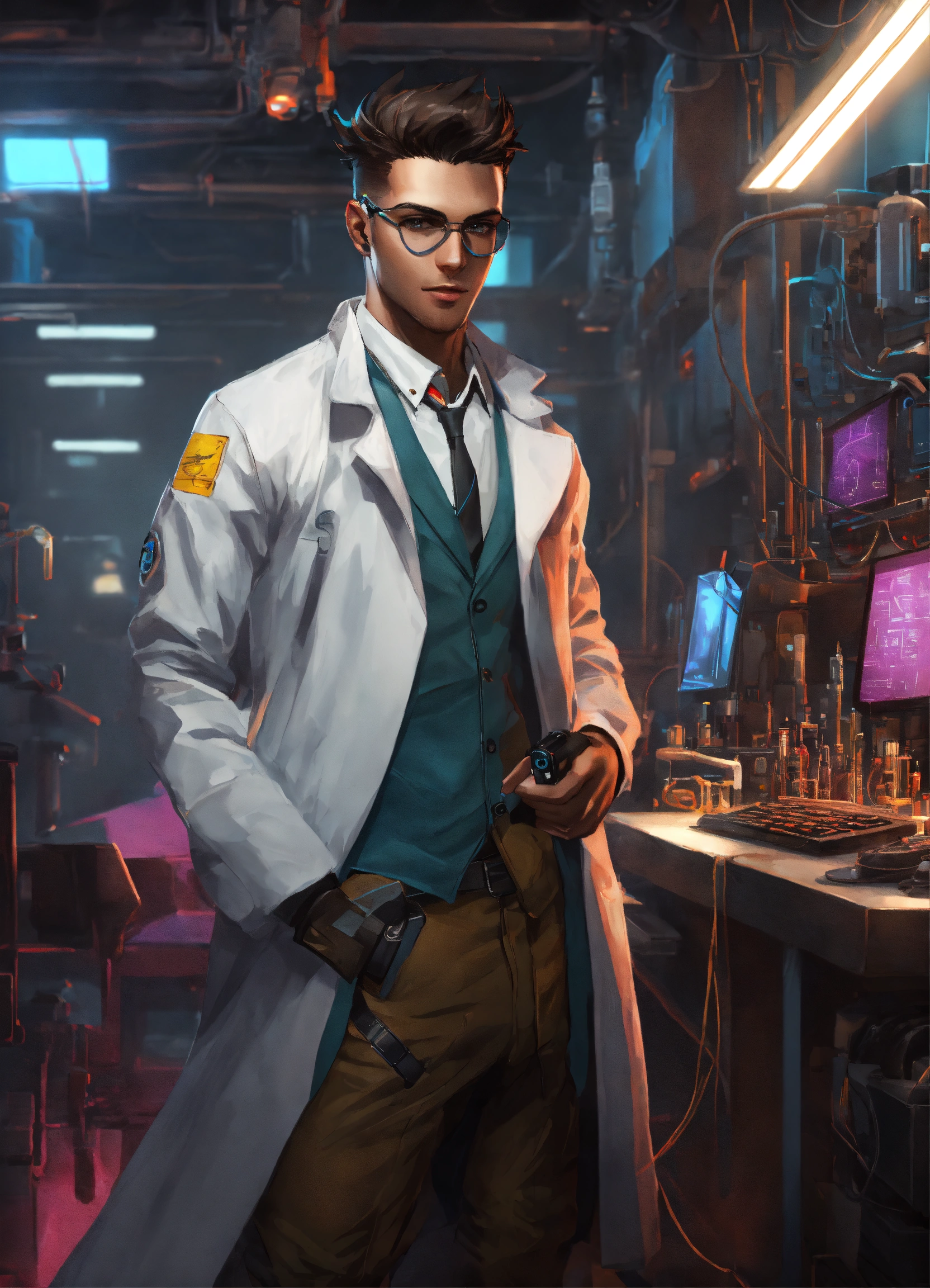 Lexica - Male sneaky cyberpunk lab assistant in a lab coat