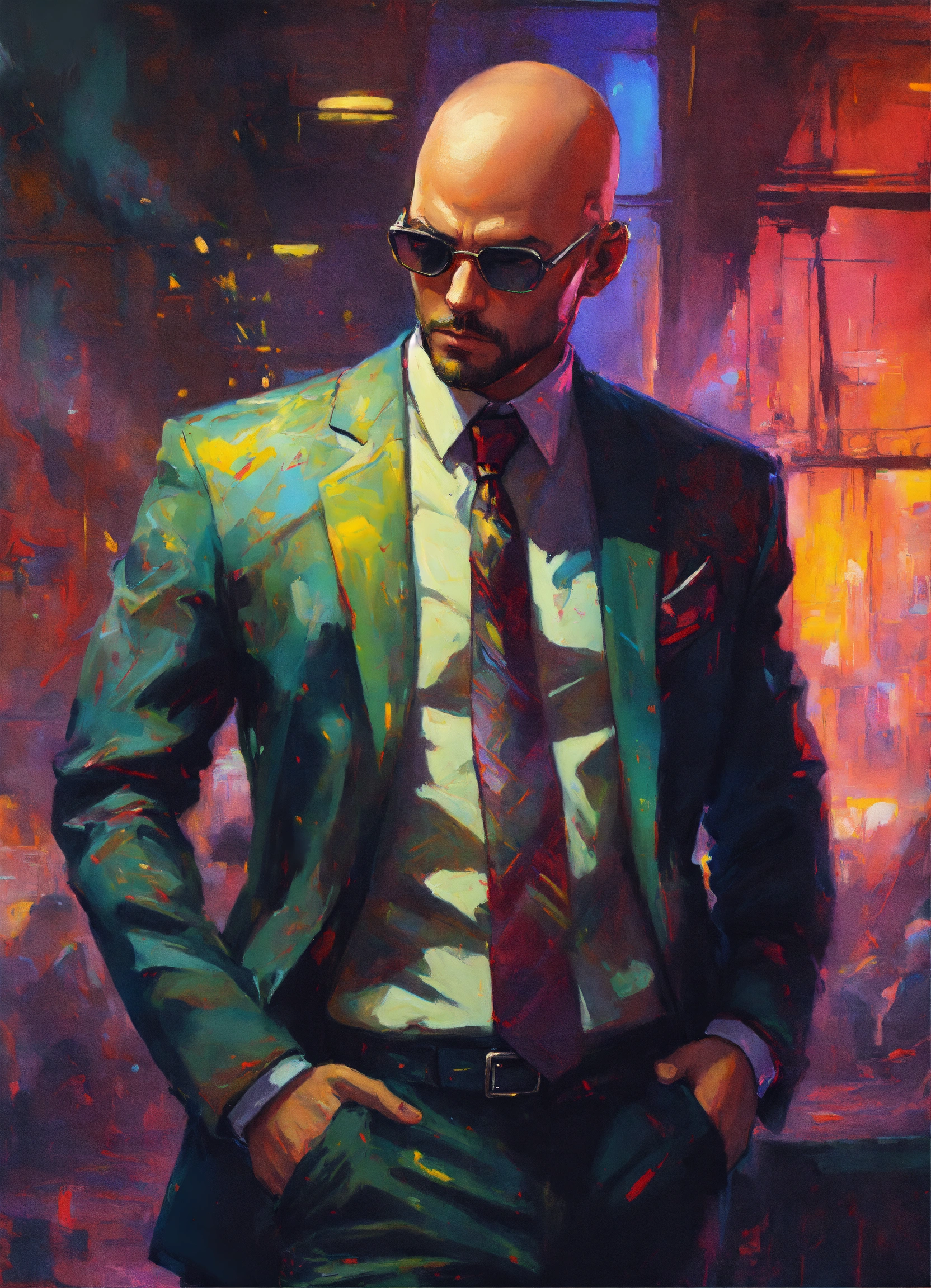 Lexica - Strong bald cyberpunk bounder in a suit, at a rave gritty oil ...