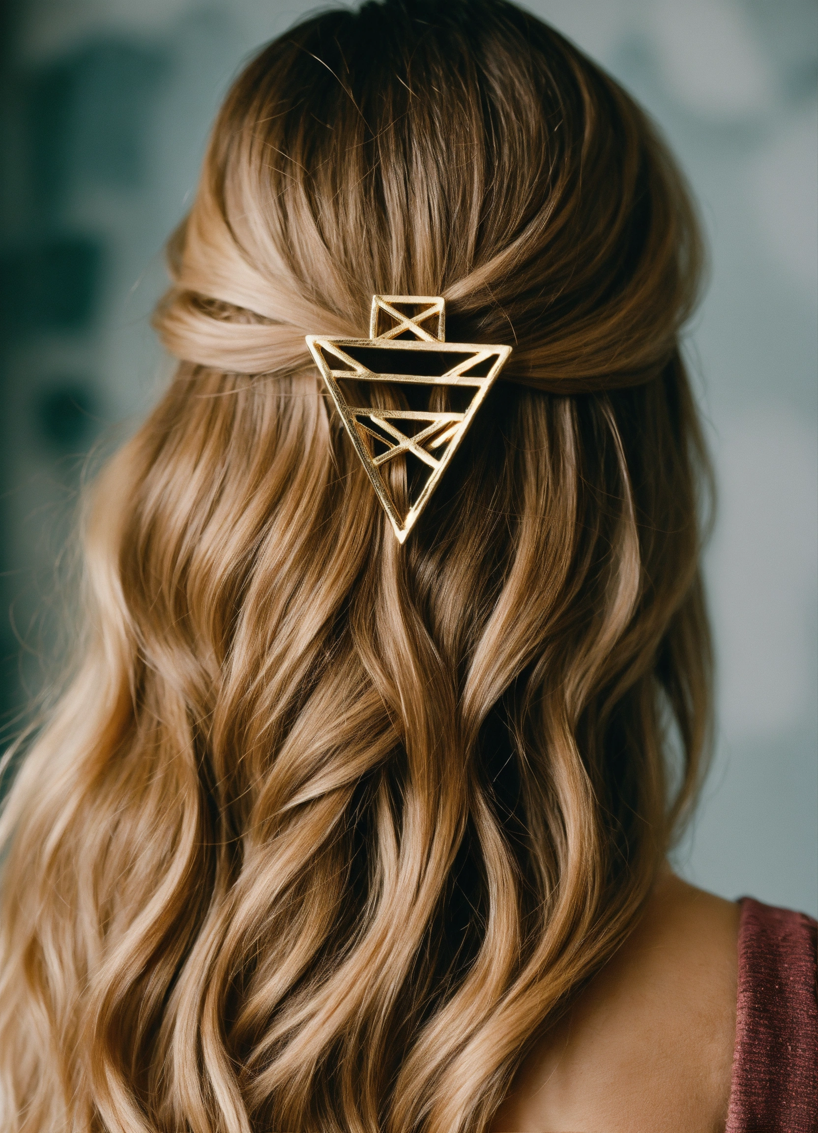 Lexica - Caucasian woman wearing one gold triangle hair clip her hair ...
