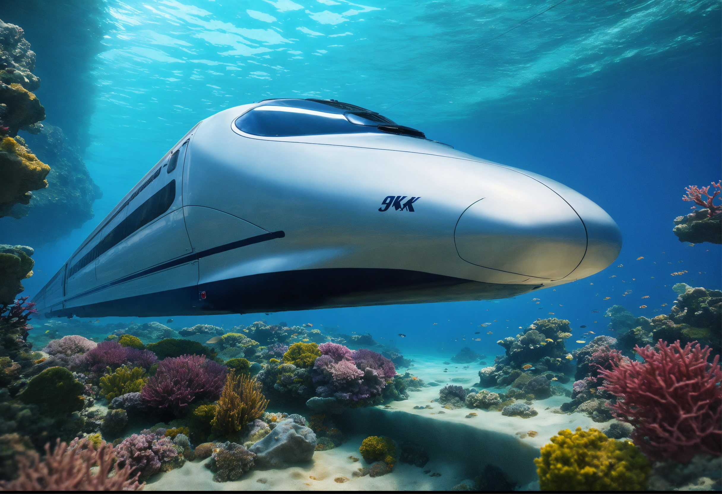 Lexica - Future Bullet train diving in the ocean, 8k, masterpiece.