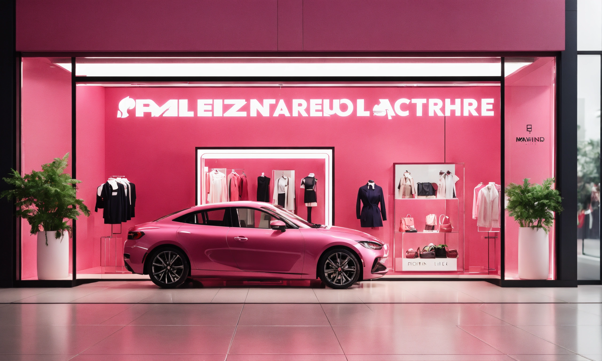 Lexica - Indoor, inside mall, small store, car rental store, pink car ...