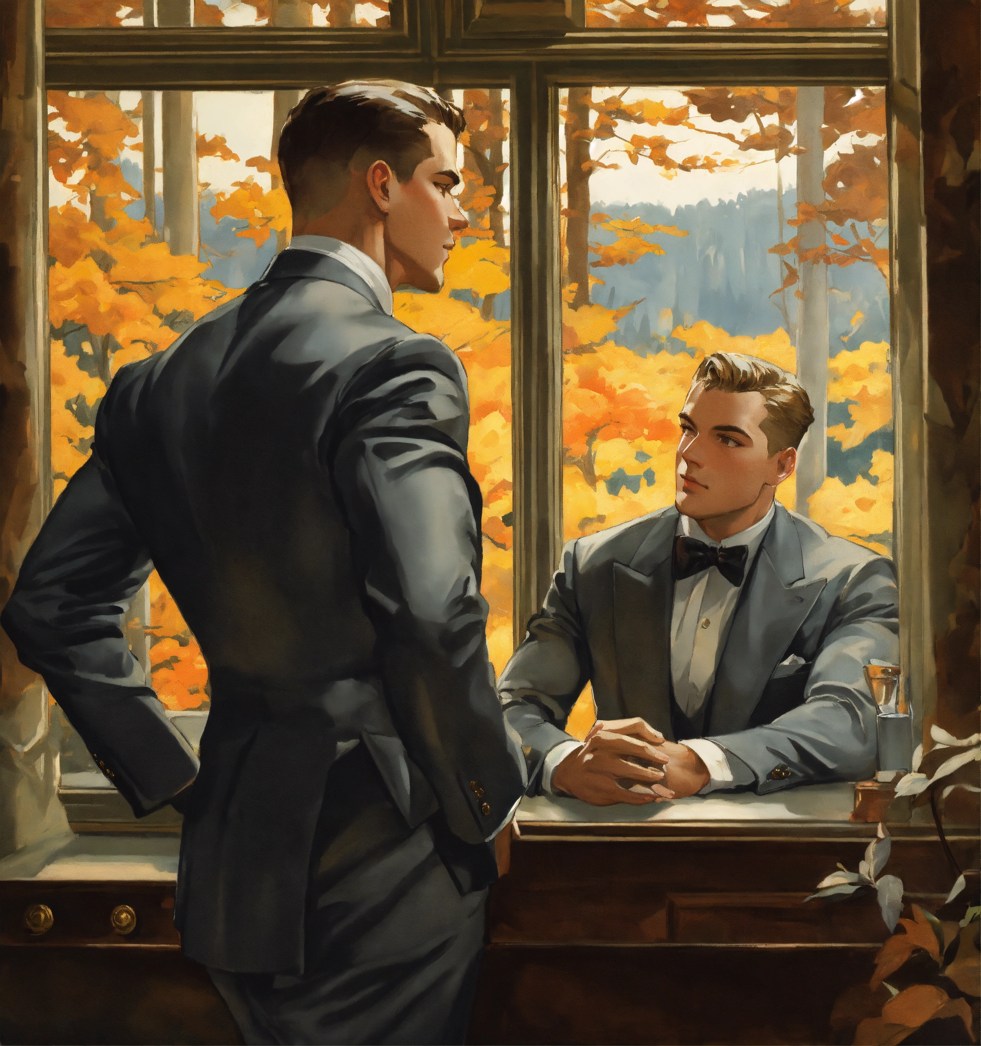 Lexica - Two muscled male spies, dark grey vested suit, looking by a ...