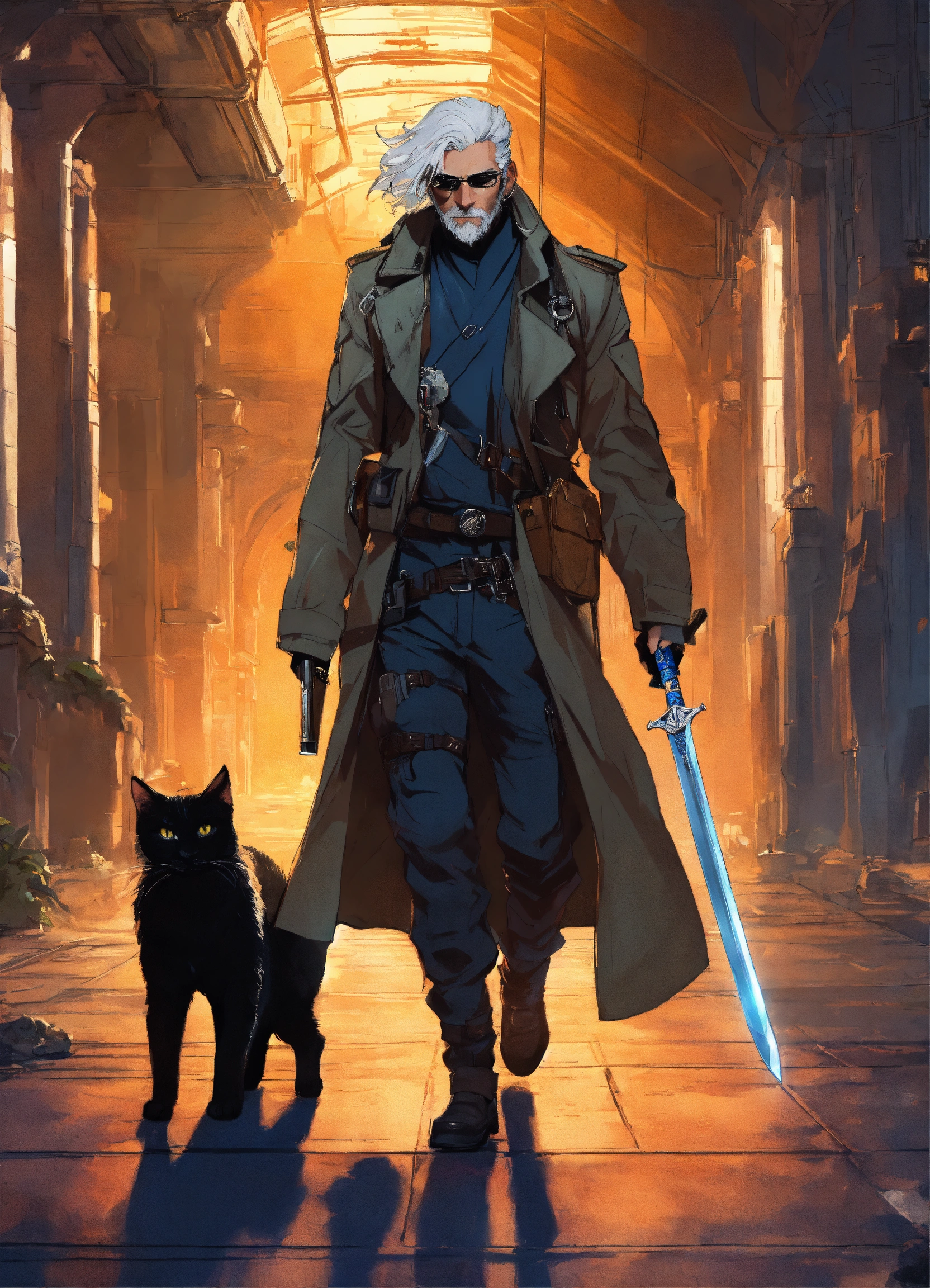 Lexica - Brutal silver haired men with sword in biopunk trenchcoat with ...