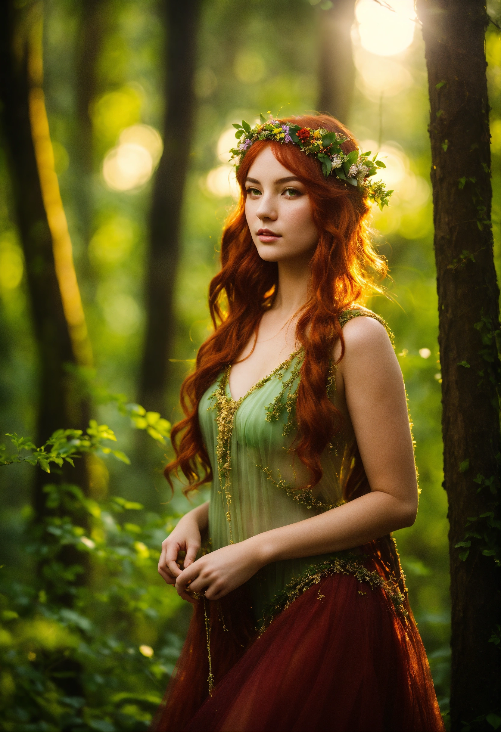 Lexica - A beautiful girl with slender features, red hair and green ...