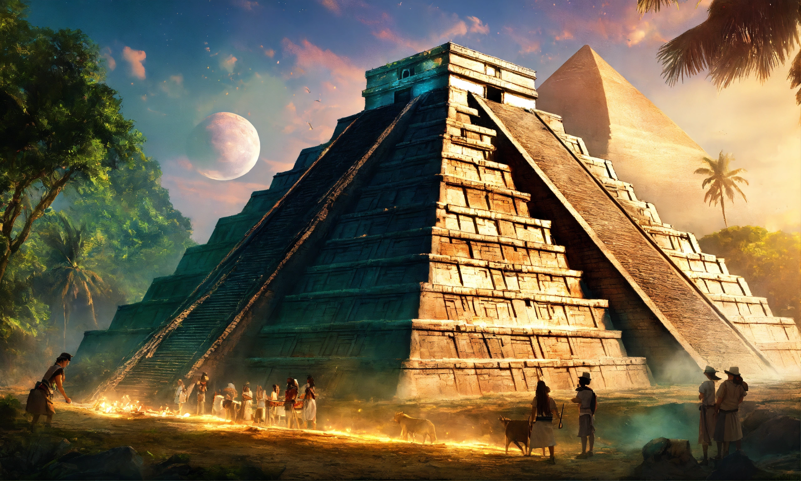 Lexica - Mayans building a pyramid with magic technology
