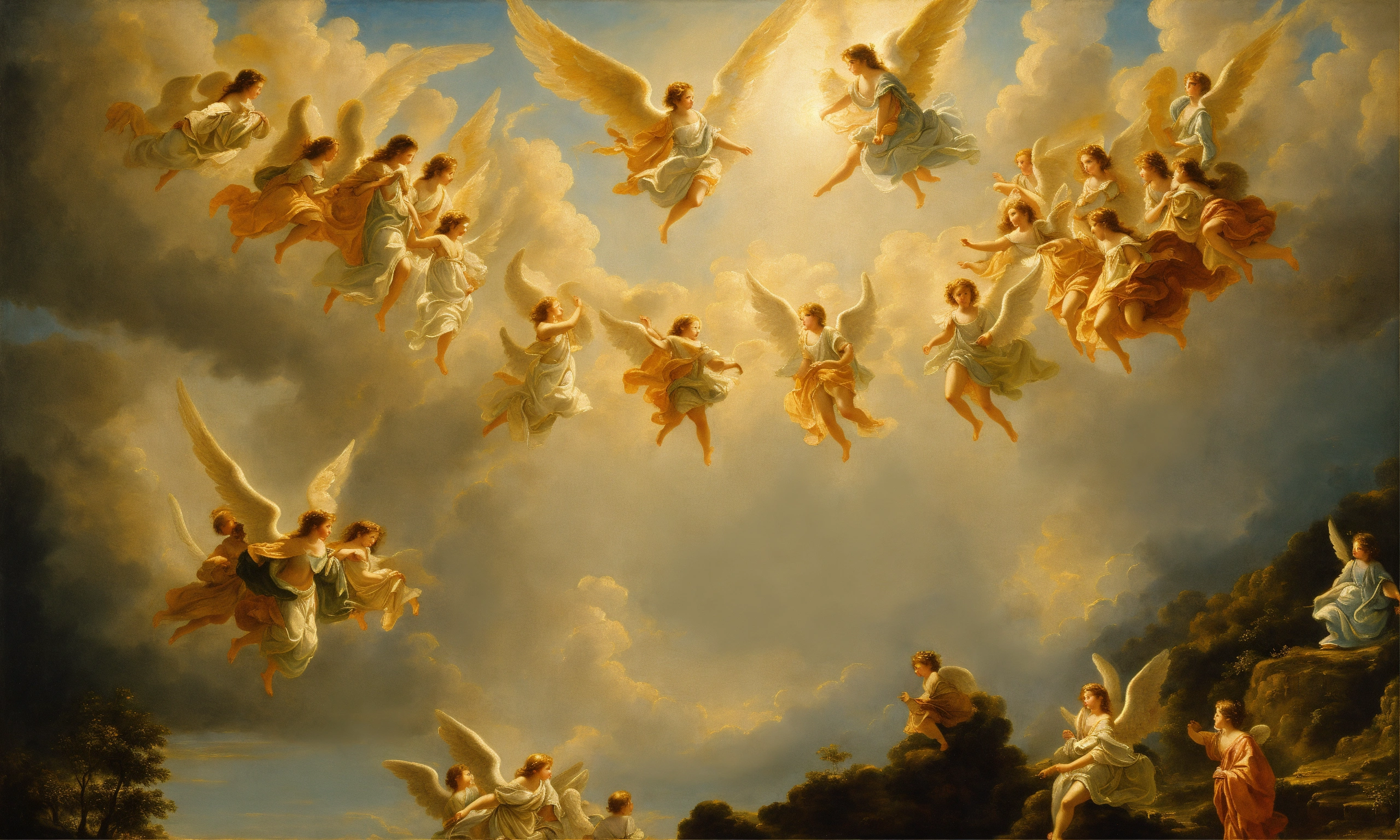 Lexica - Oil painting of angels descending from heaven