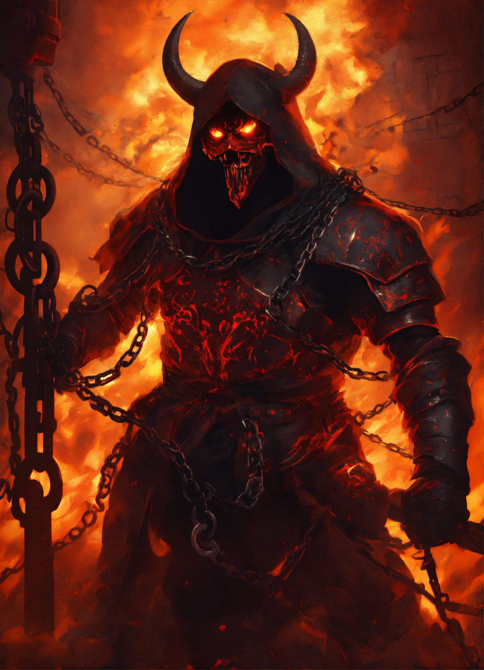 Lexica - A chain demon, wearing an executioner mask, whips out several ...