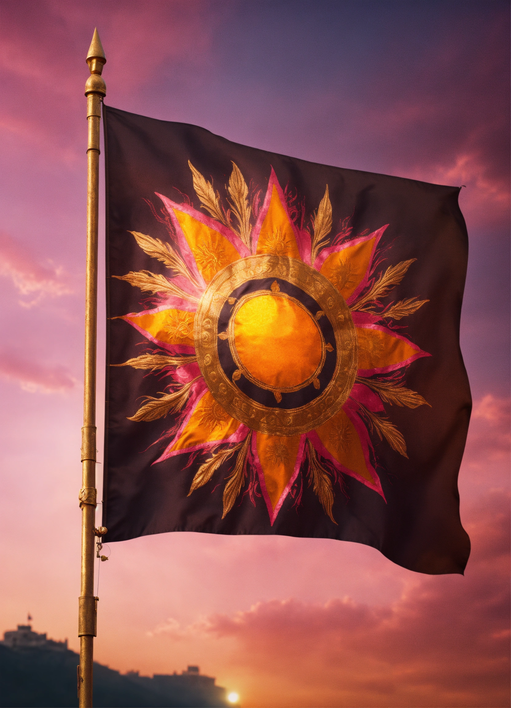 Lexica - A gold orange and pink sun flag, medieval, banner on a ...