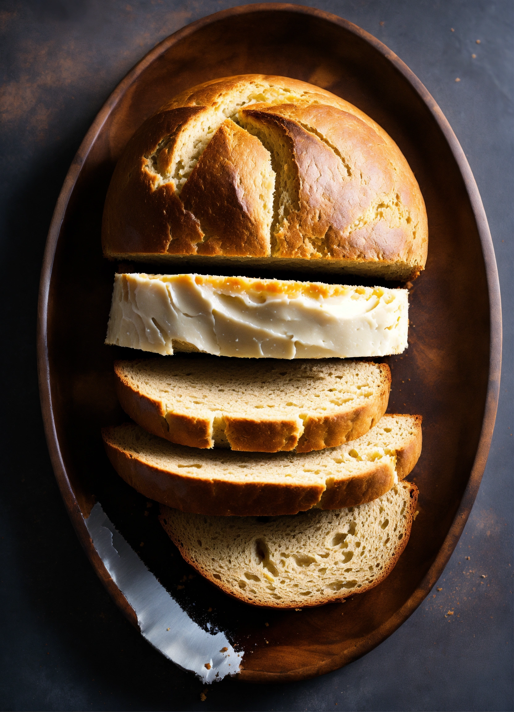 Lexica - One loaf of dark round-shaped bread picture view from the top ...