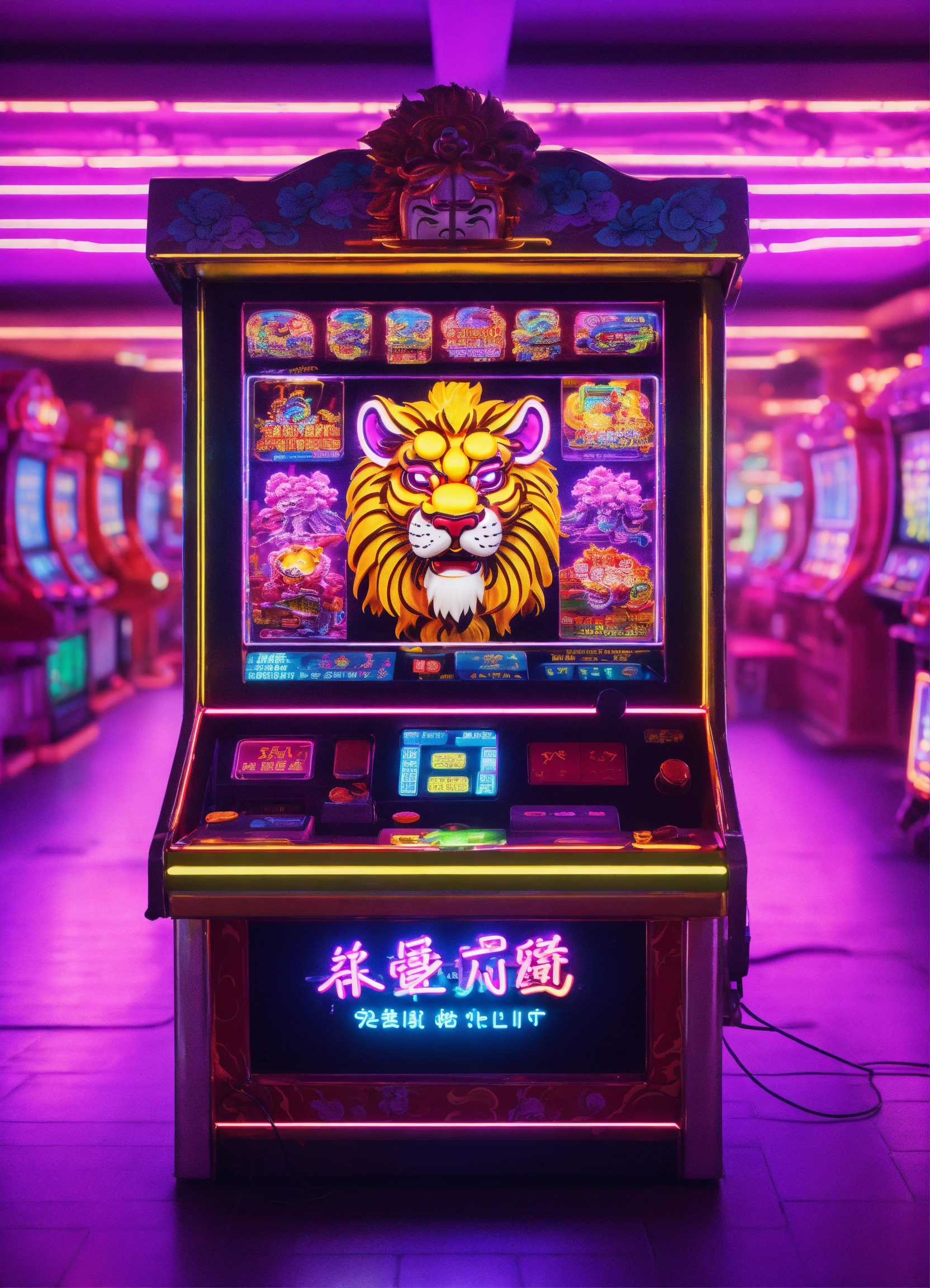 Lexica - 3D lion dance slot machine neon-filled with lavender cyberpunk ...