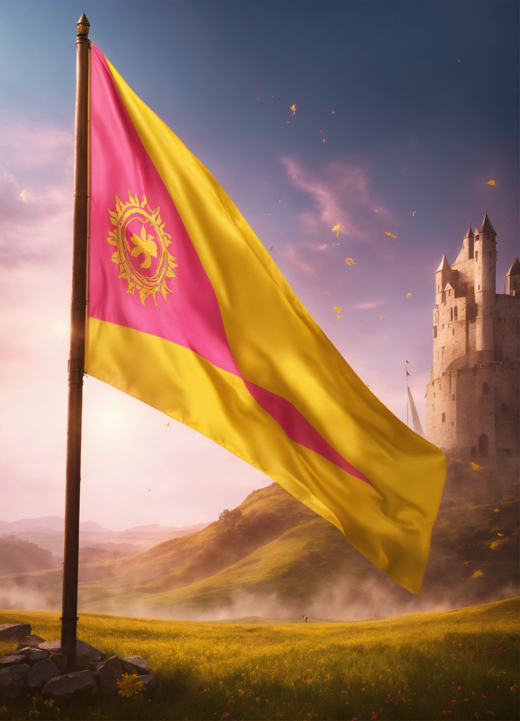 Lexica - A yellow flag with pink sunburst design, medieval, banner on a ...