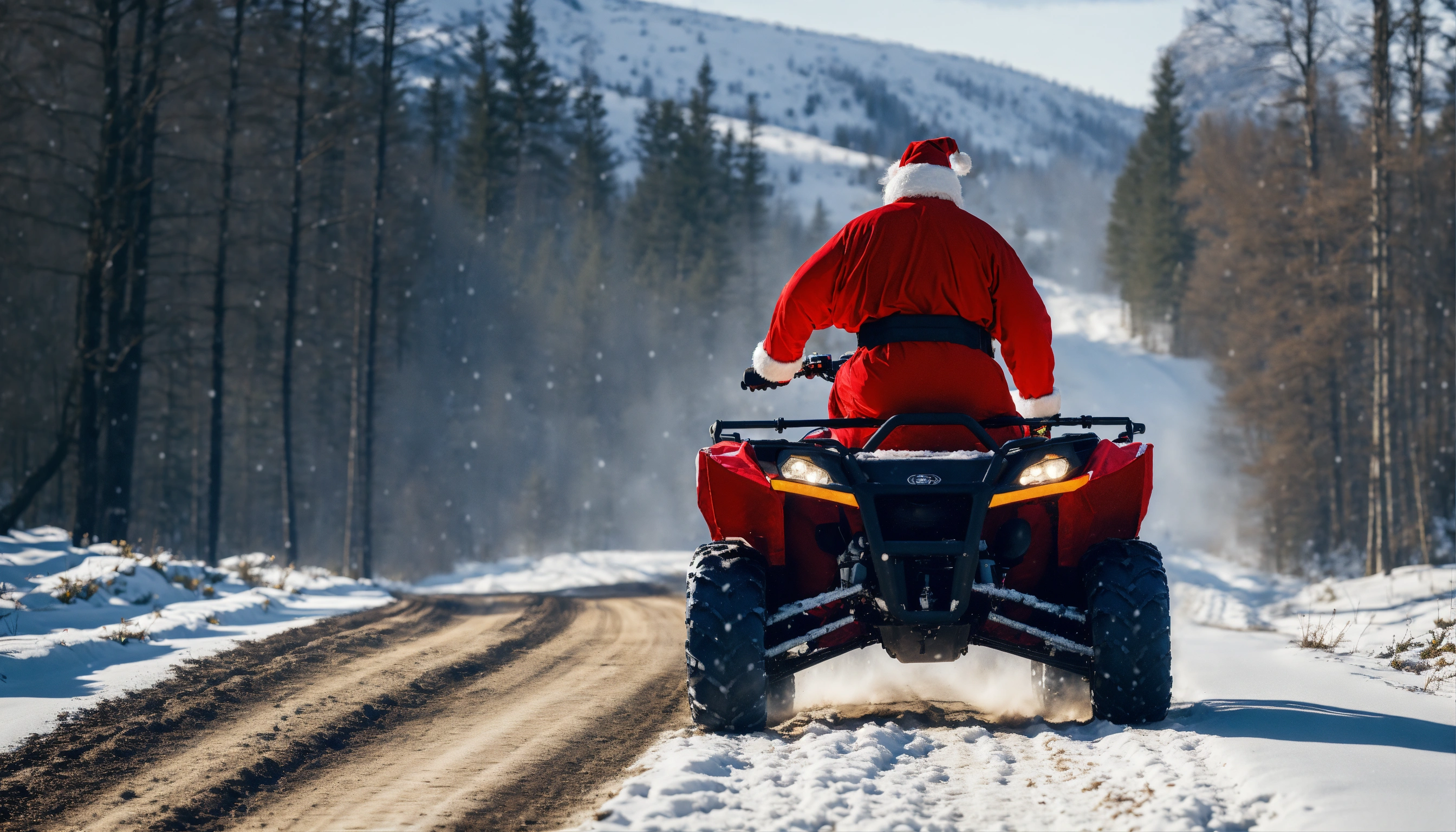 Lexica - Santa Claus with big sack bag rides along a snowy road on an ...