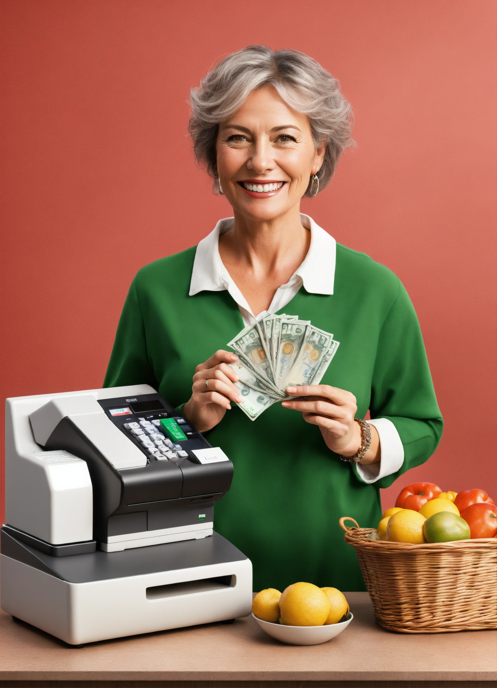 Lexica - Smiling european middle-aged woman, holding a cash register ...