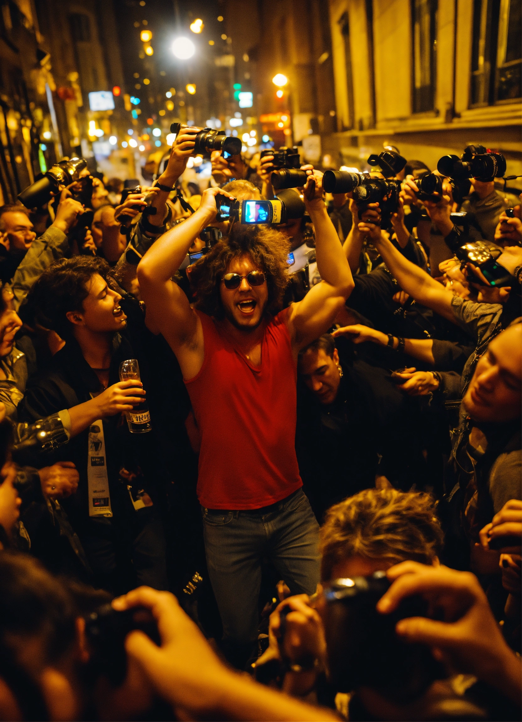 Lexica - A person drunk with power, surrounded by paparazzi