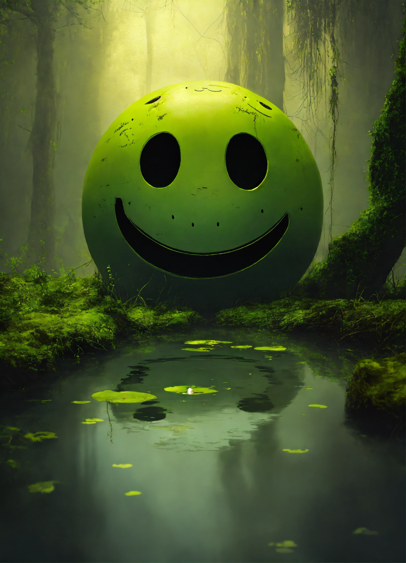Lexica - Floating creepy smiley face in swamp dark estetic