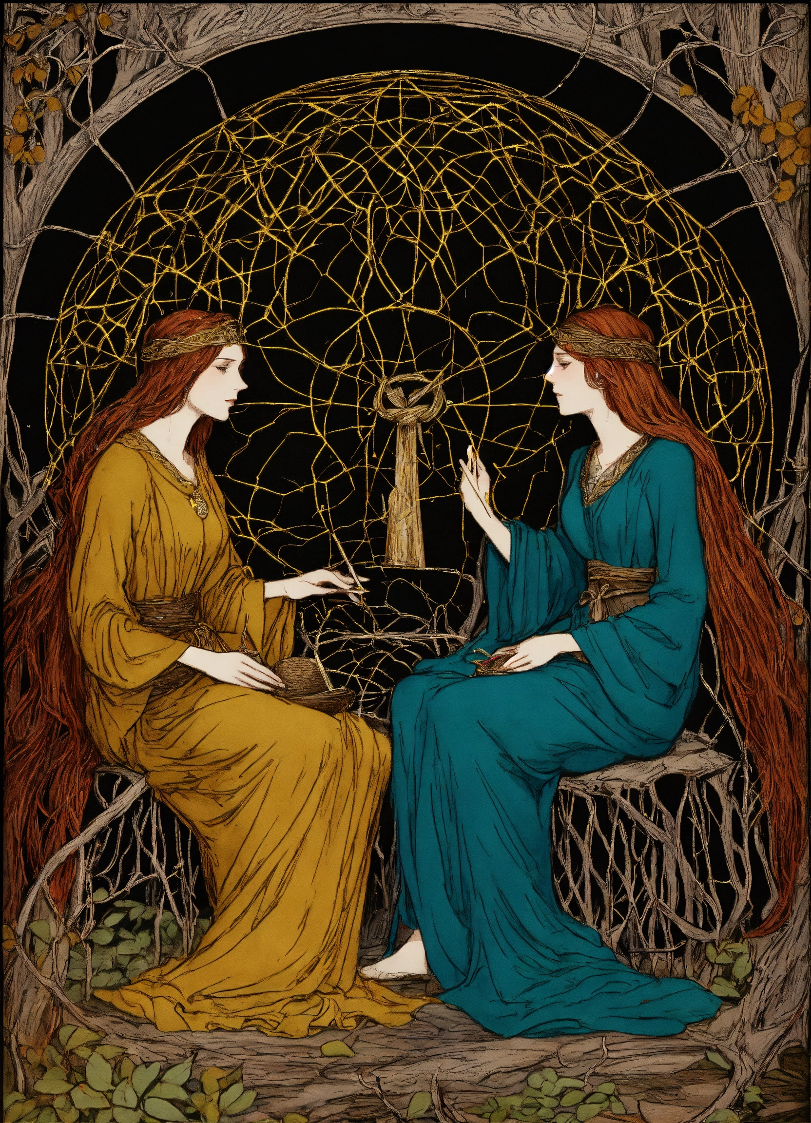 Lexica - The norns weaving the web of destiny colored drawing
