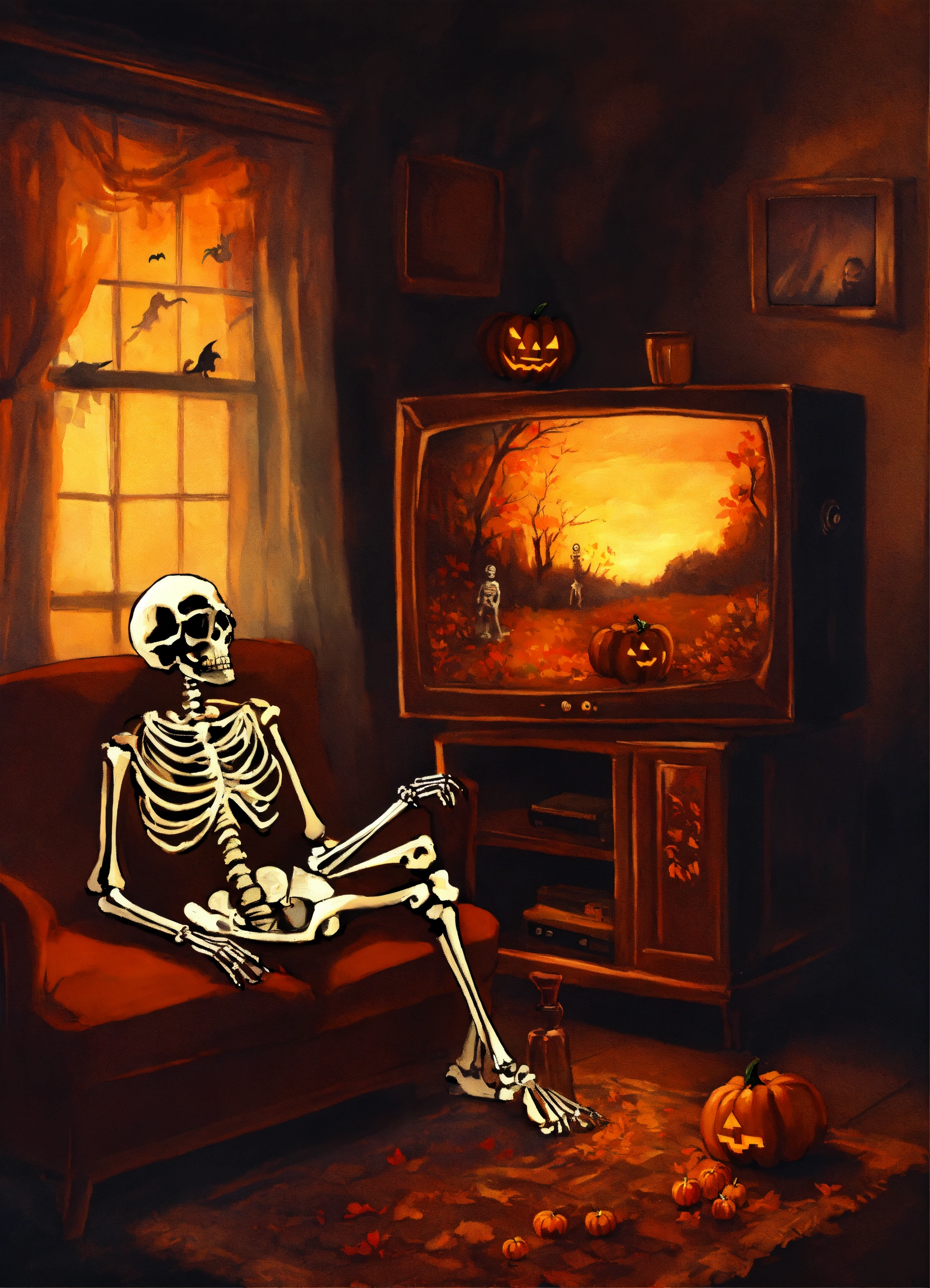 Lexica - A painting of a lazy skeleton watching television in a dark ...