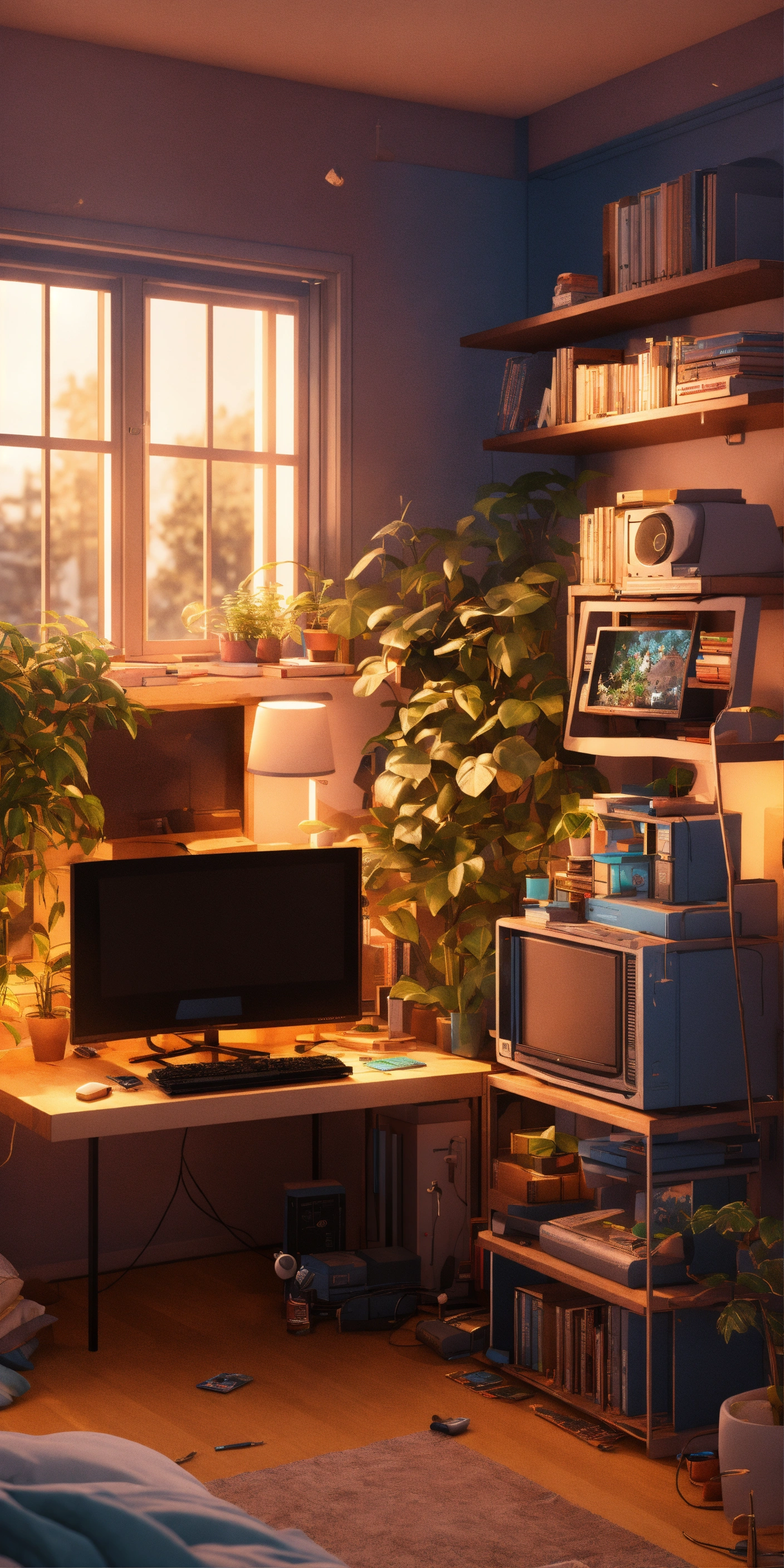 Lexica - Isometric render, messy nostalgic bedroom with a gaming pc ...
