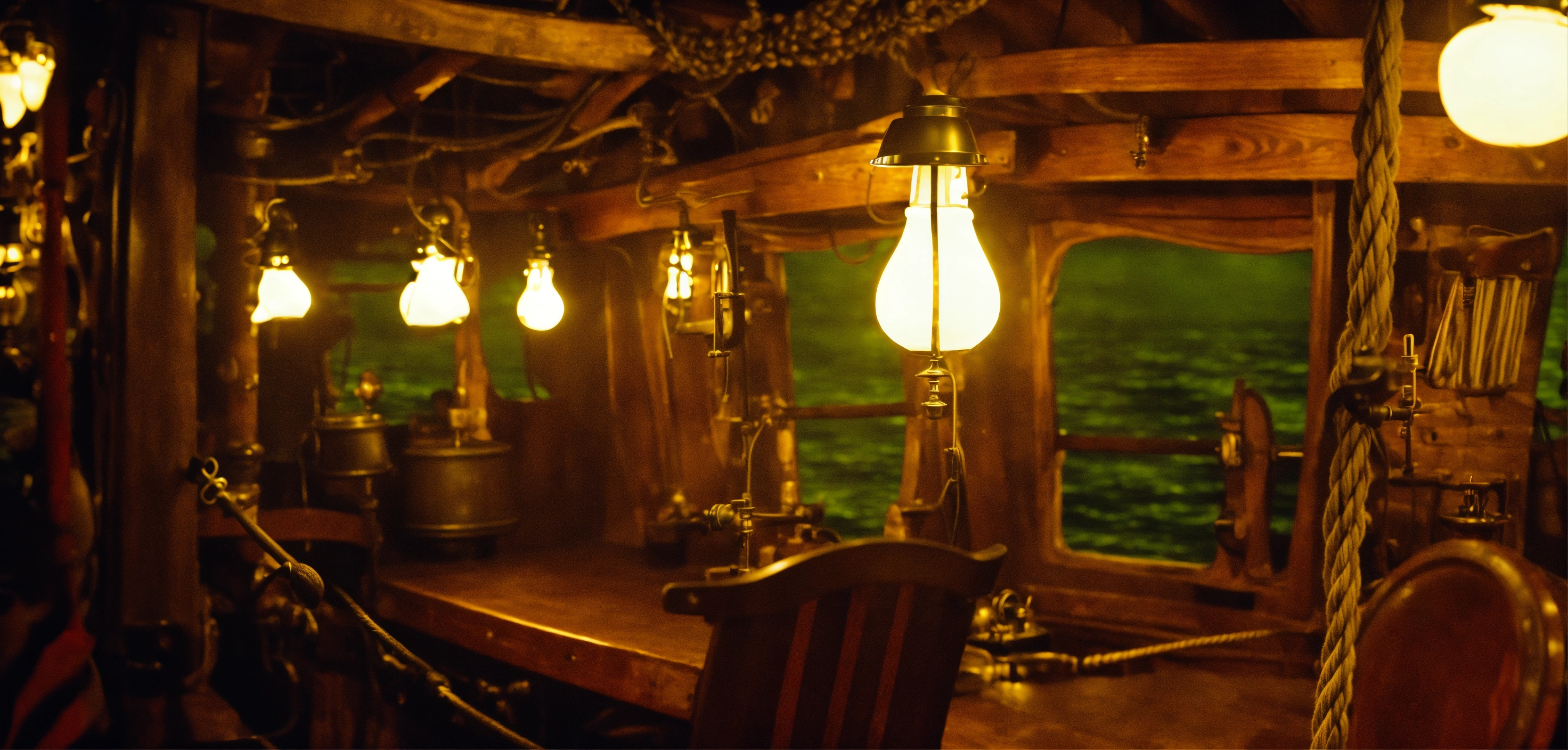 Lexica - Inside pirate ship, lamps, night