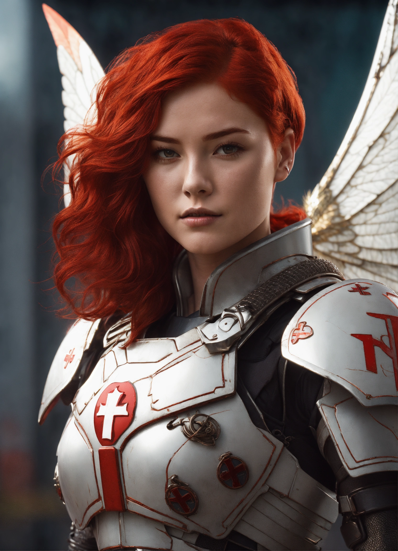 Lexica - Female red hair athletic wearing white metal armor with red ...