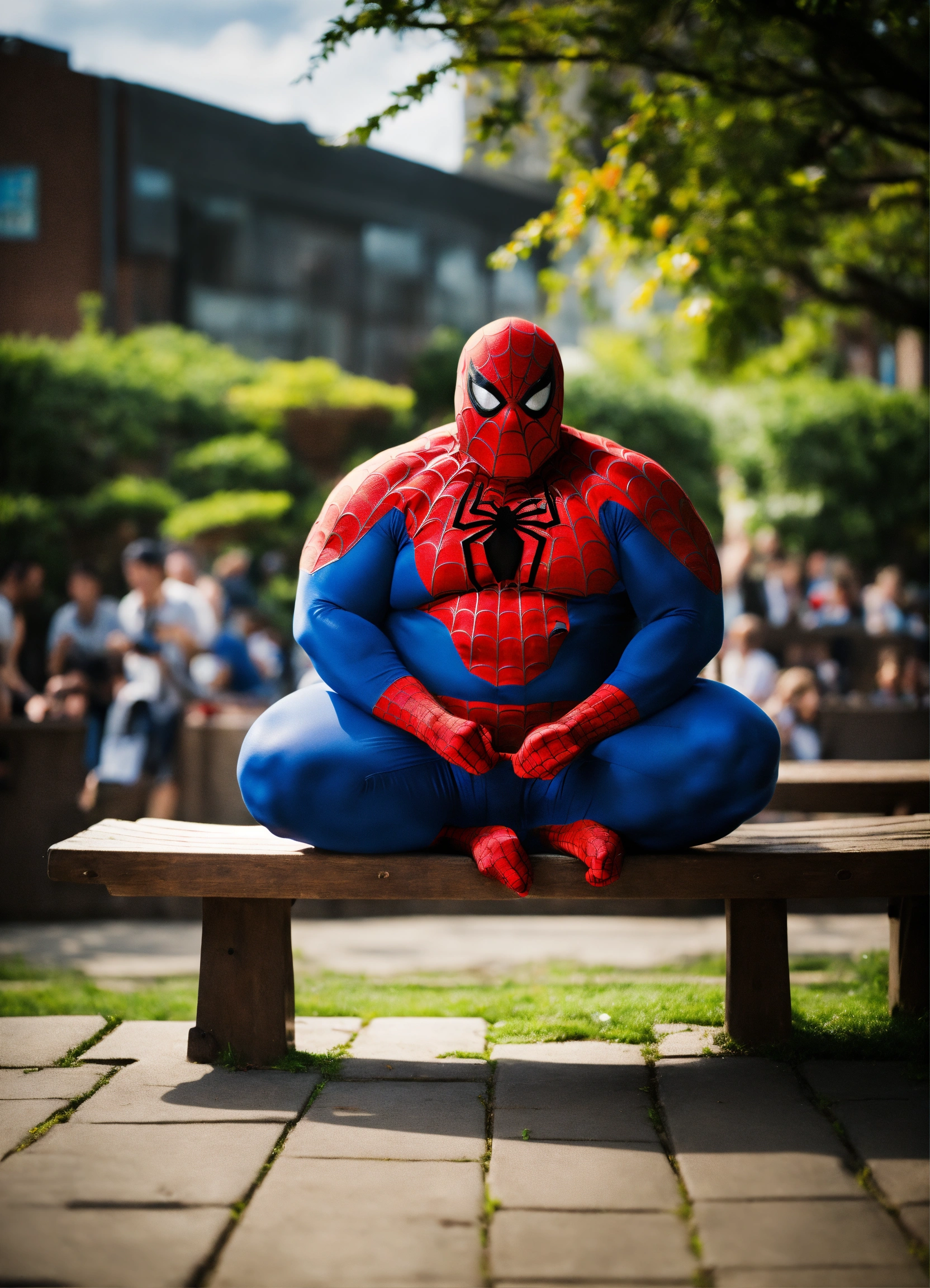 Lexica - Photography, spider-man being a sumo sitting on a bench ...