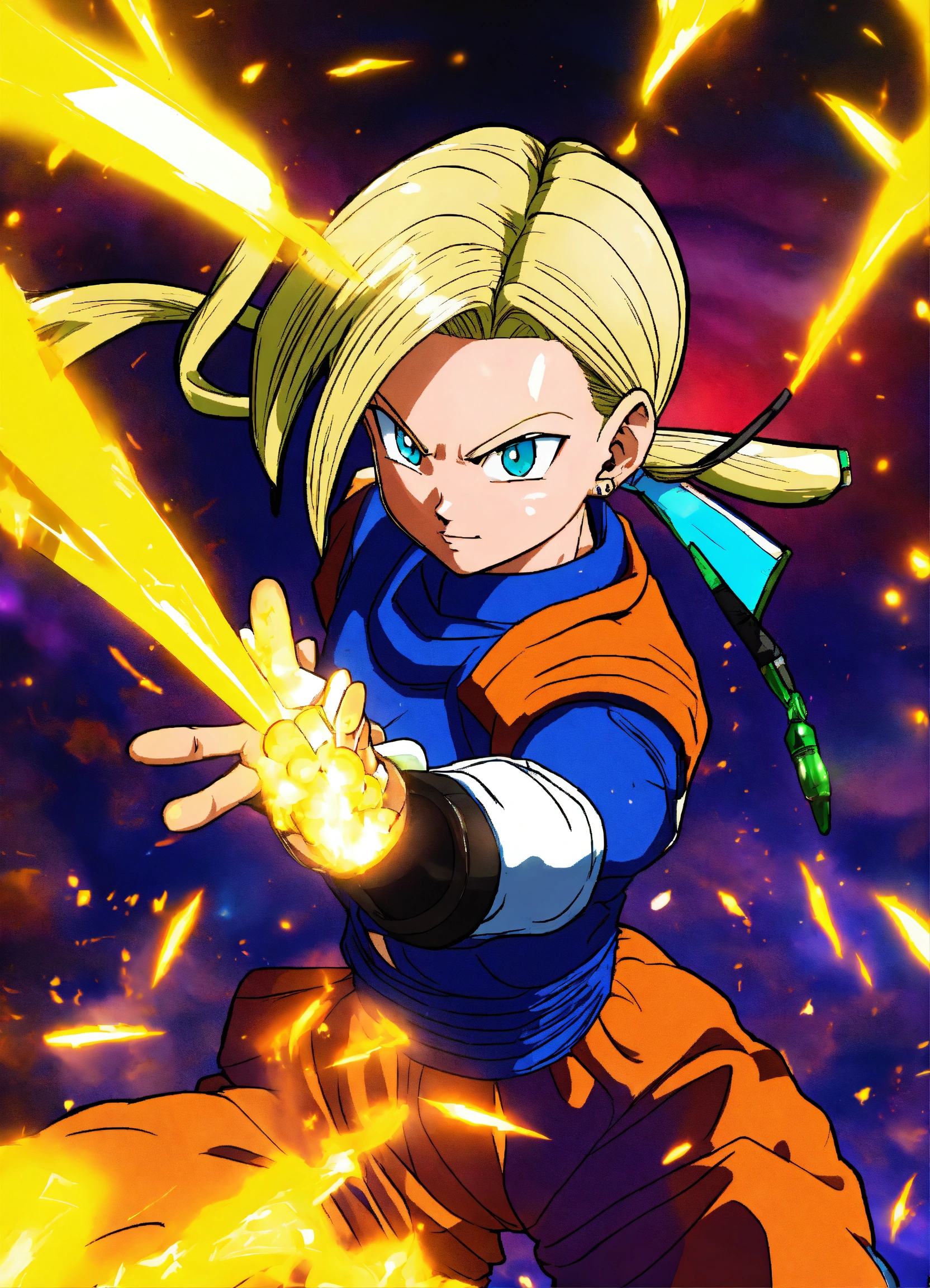 Lexica - Android 18 dragon ball fighterZ with energy blasts.