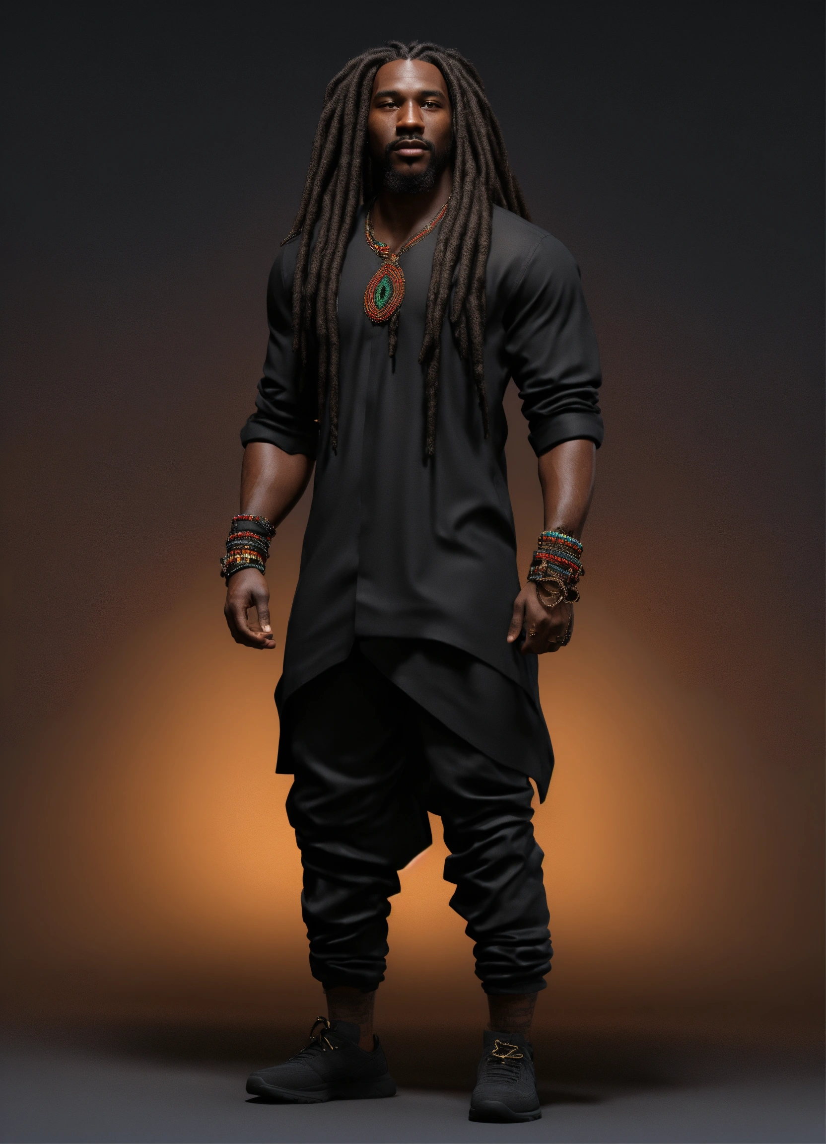 Lexica - 3d render of a Black man with long flowing dreadlocks, 6'5" tall, well-built, full body ...