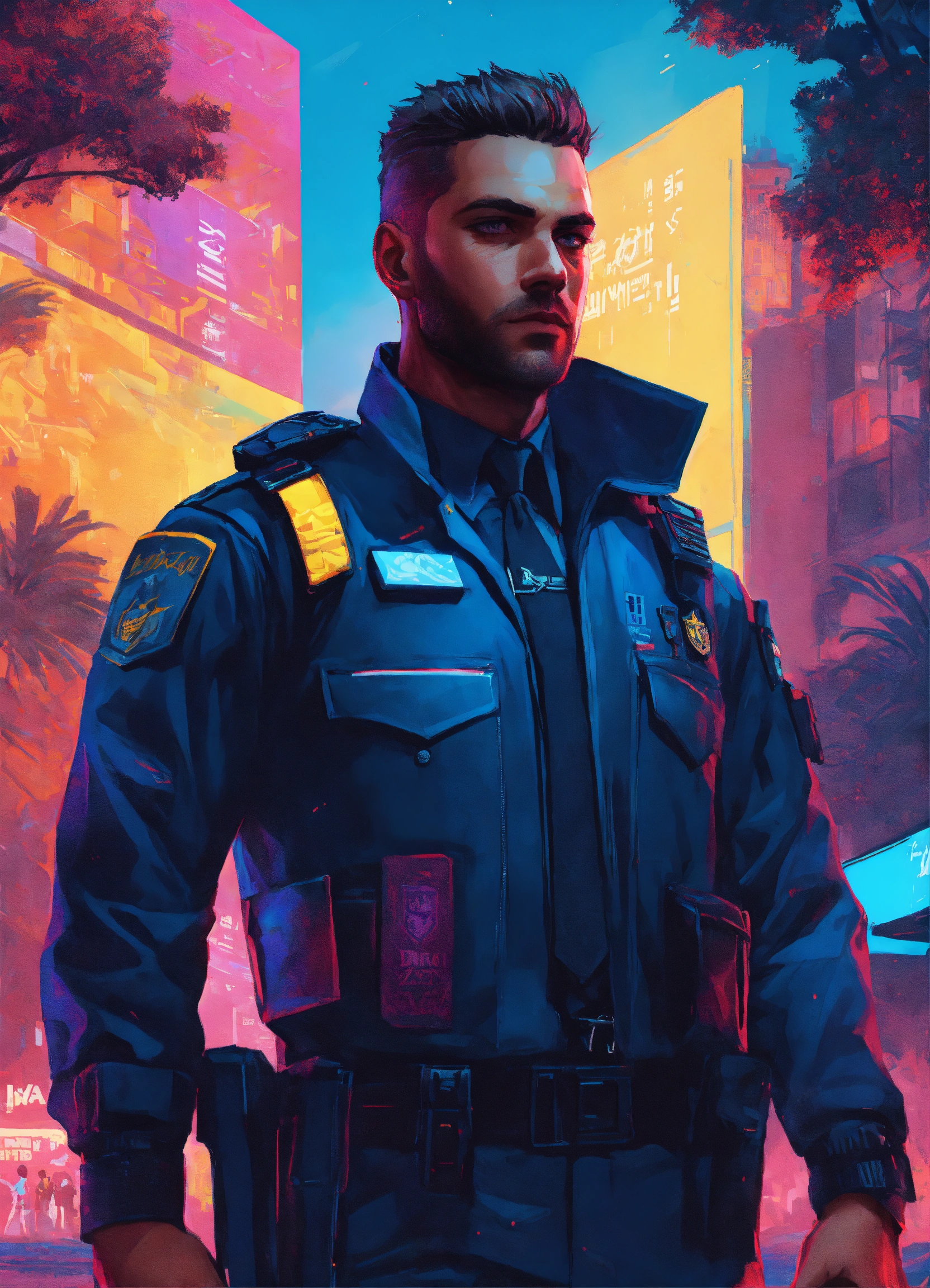 Lexica - Male university cop in dark blue uniform in a park , Cyberpunk ...
