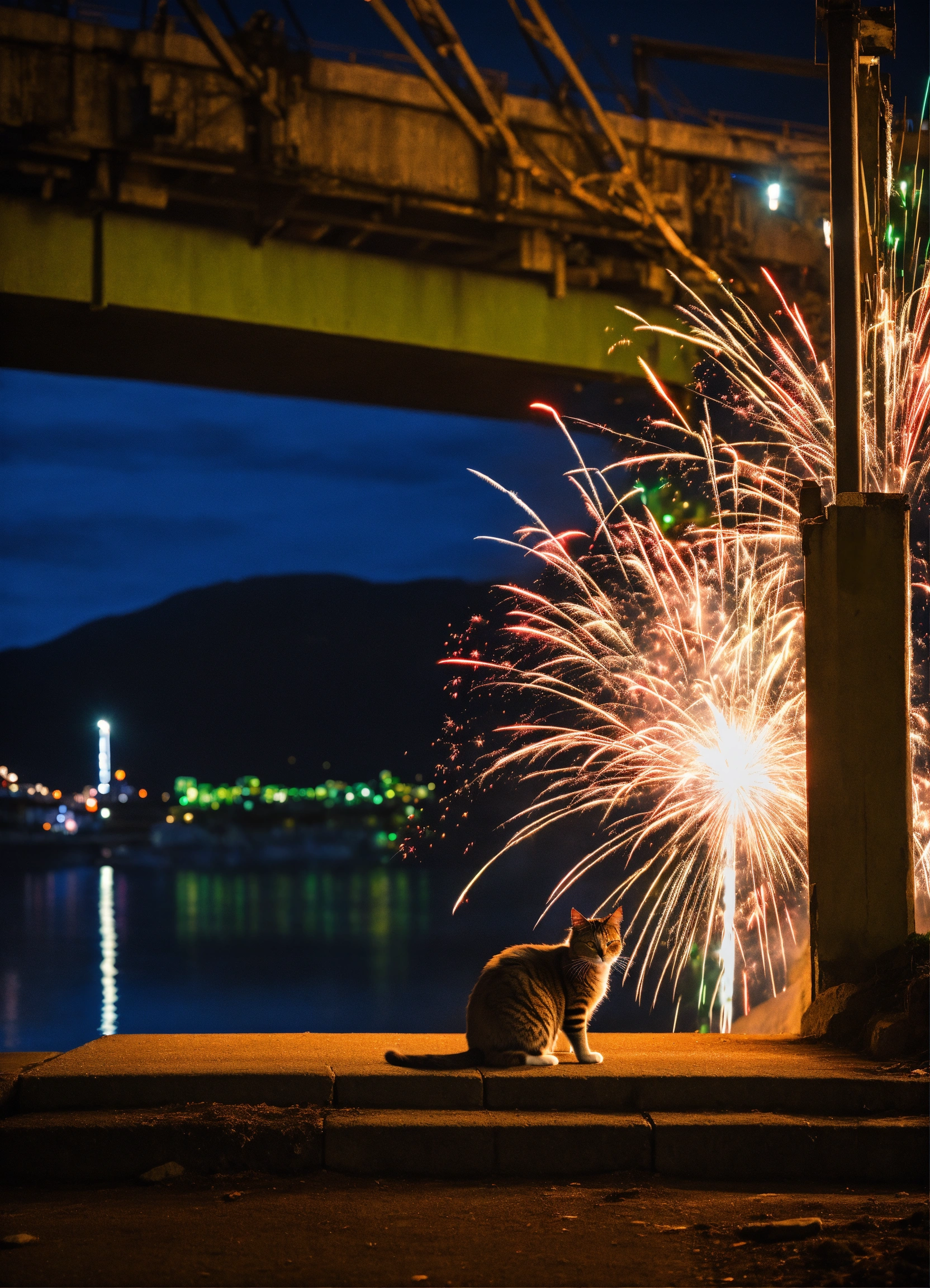 Lexica - A masked cat, under a bridge, firework, midnight falls, in ...