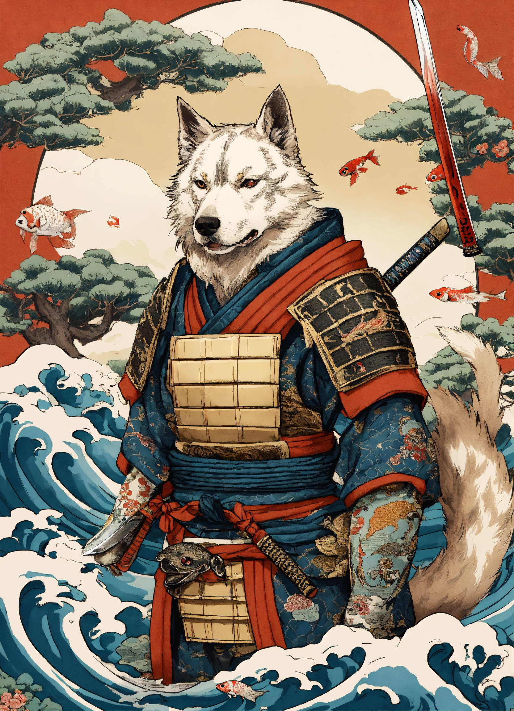 Lexica - There is a dog with a fish and a sword on a white background ...