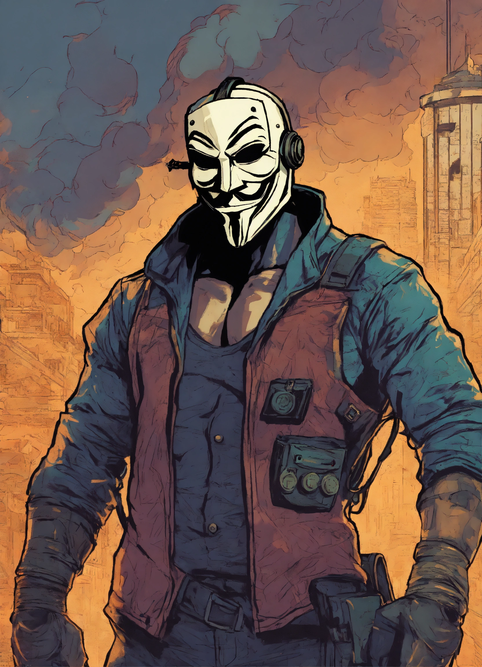 Lexica - Buff cyberpunk man , wearing a guy Fawkes mask gritty hand ...