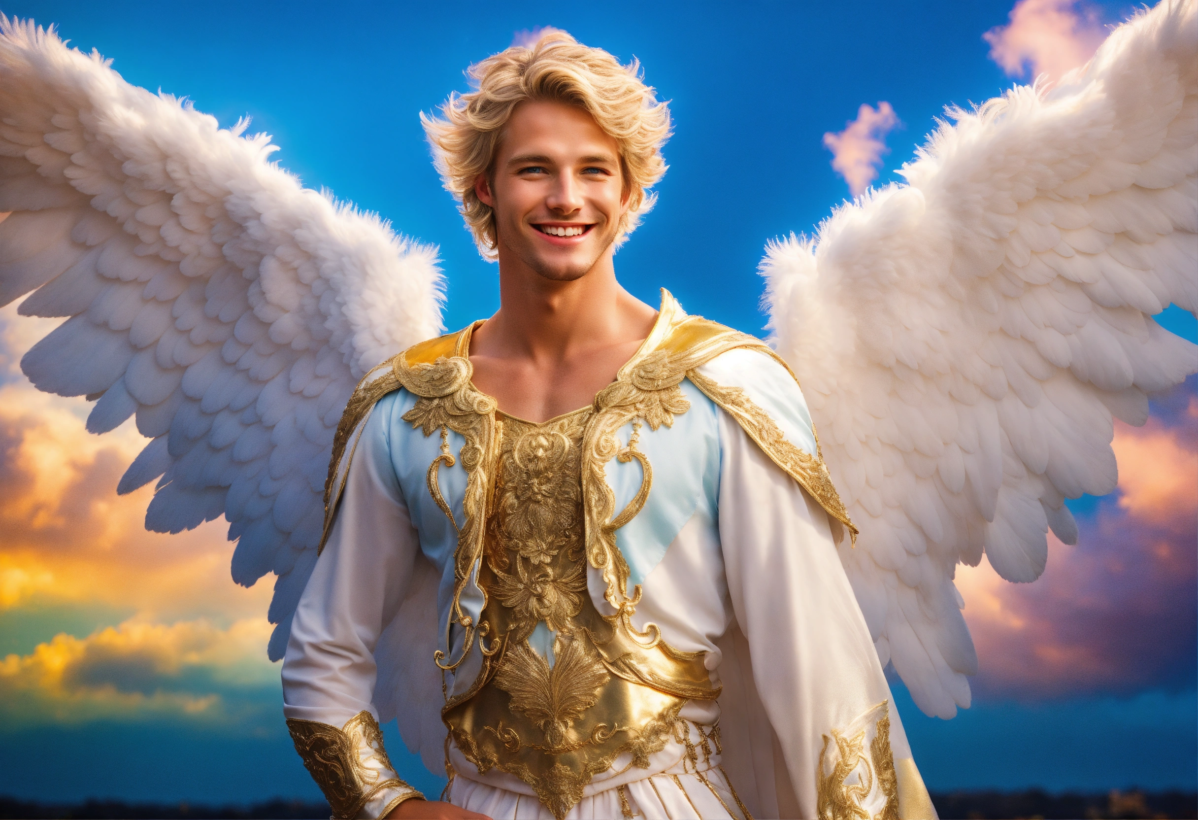 Lexica - Angel man blond blue eyes, large angel wings, fantasy clothes ...