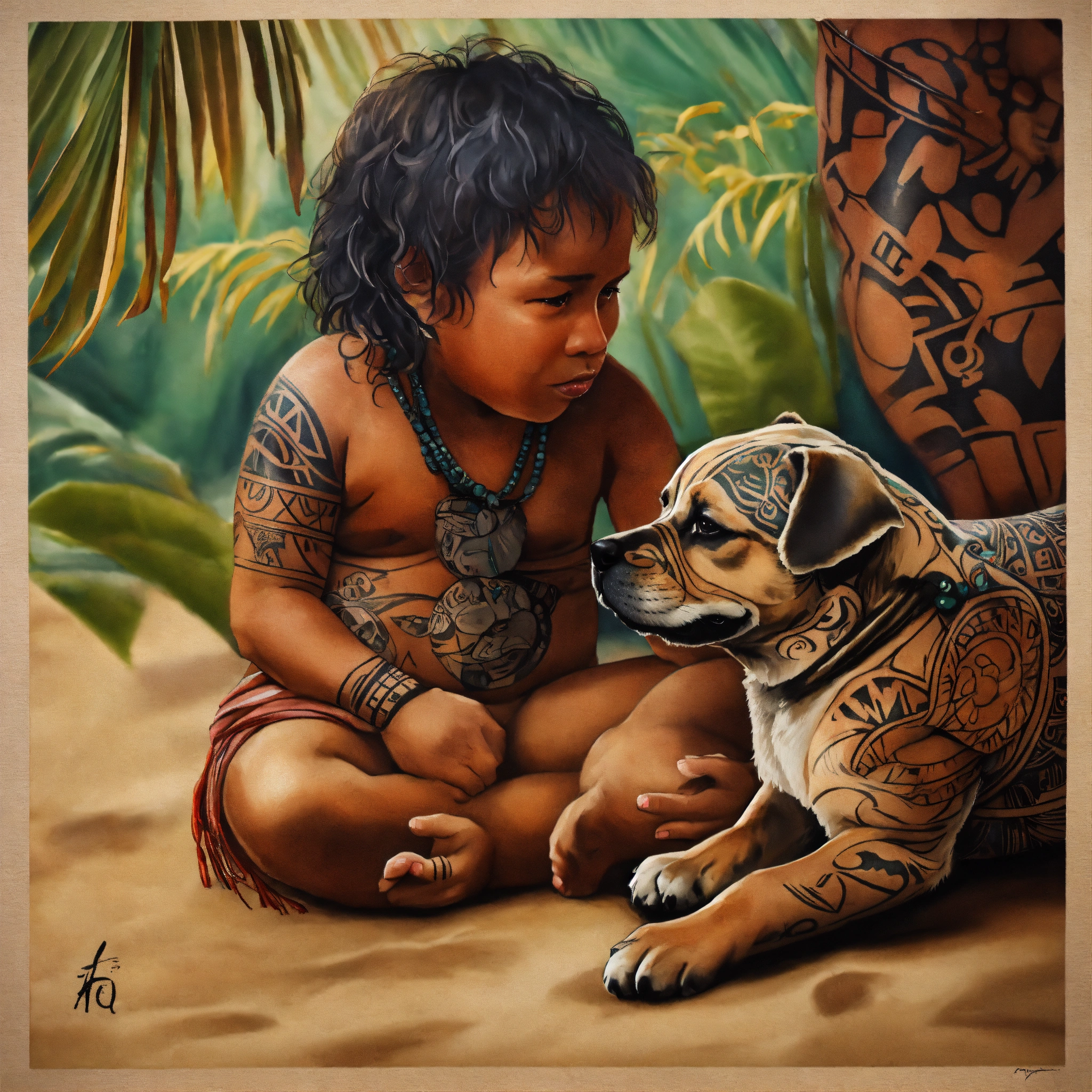 Lexica - Tahitian child playing with dog. Marquesan tattoo. Hyperealistic