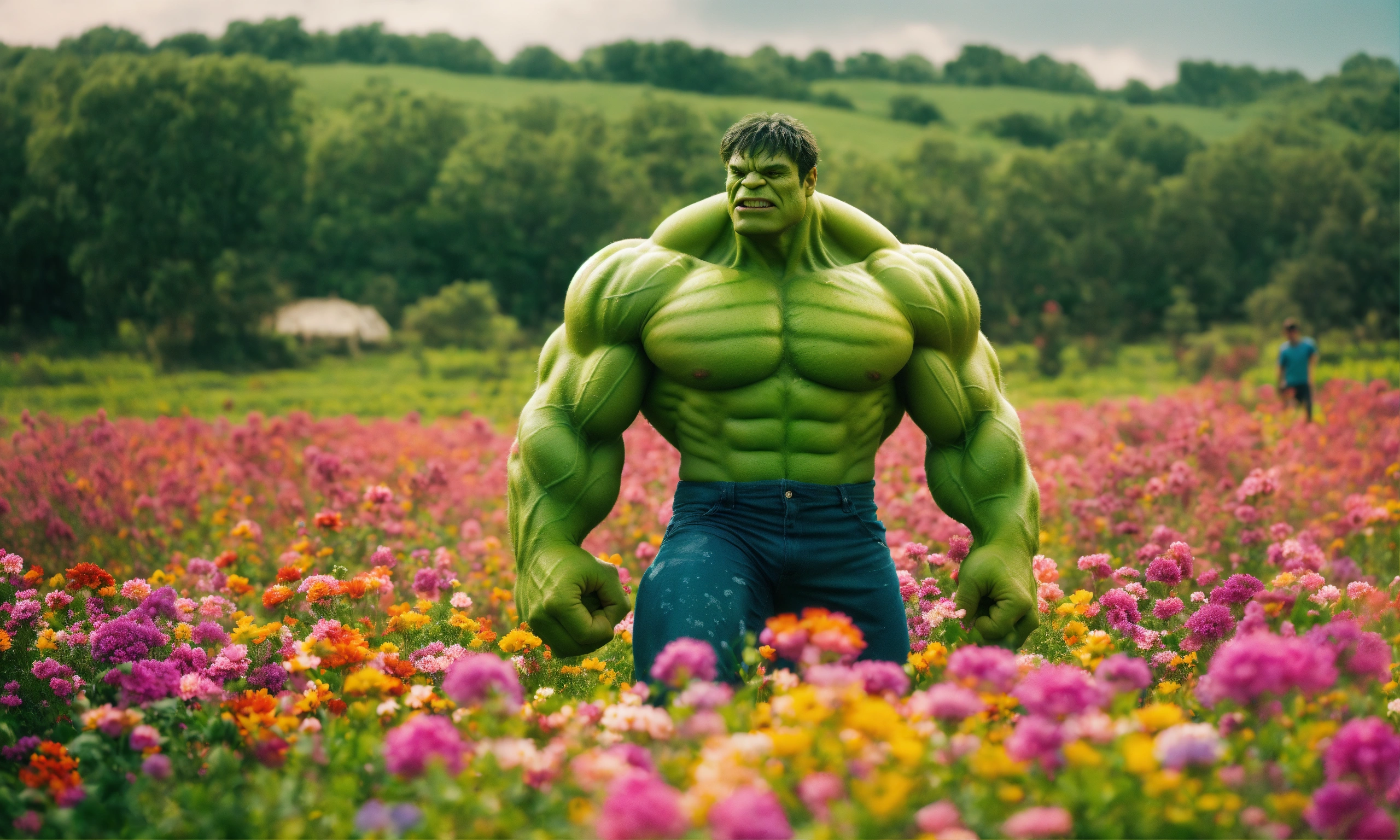Lexica - Happy Hulk standing in a beautiful field of flowers, washed ...
