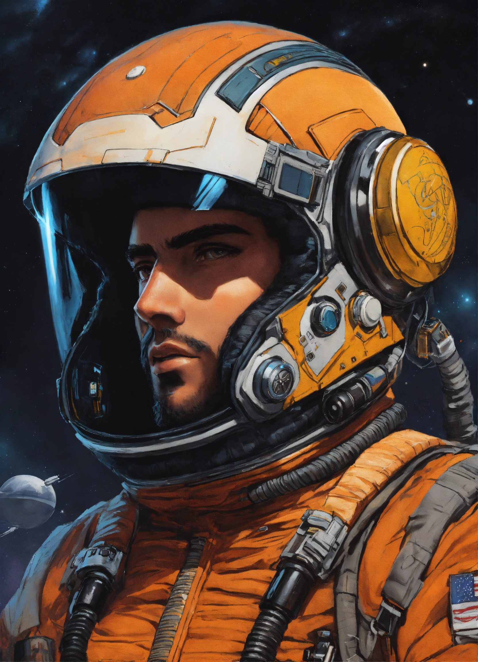 Lexica - Arab male pilot wearing a space fighter flight suit, coriolis the third horizon, hyper ...