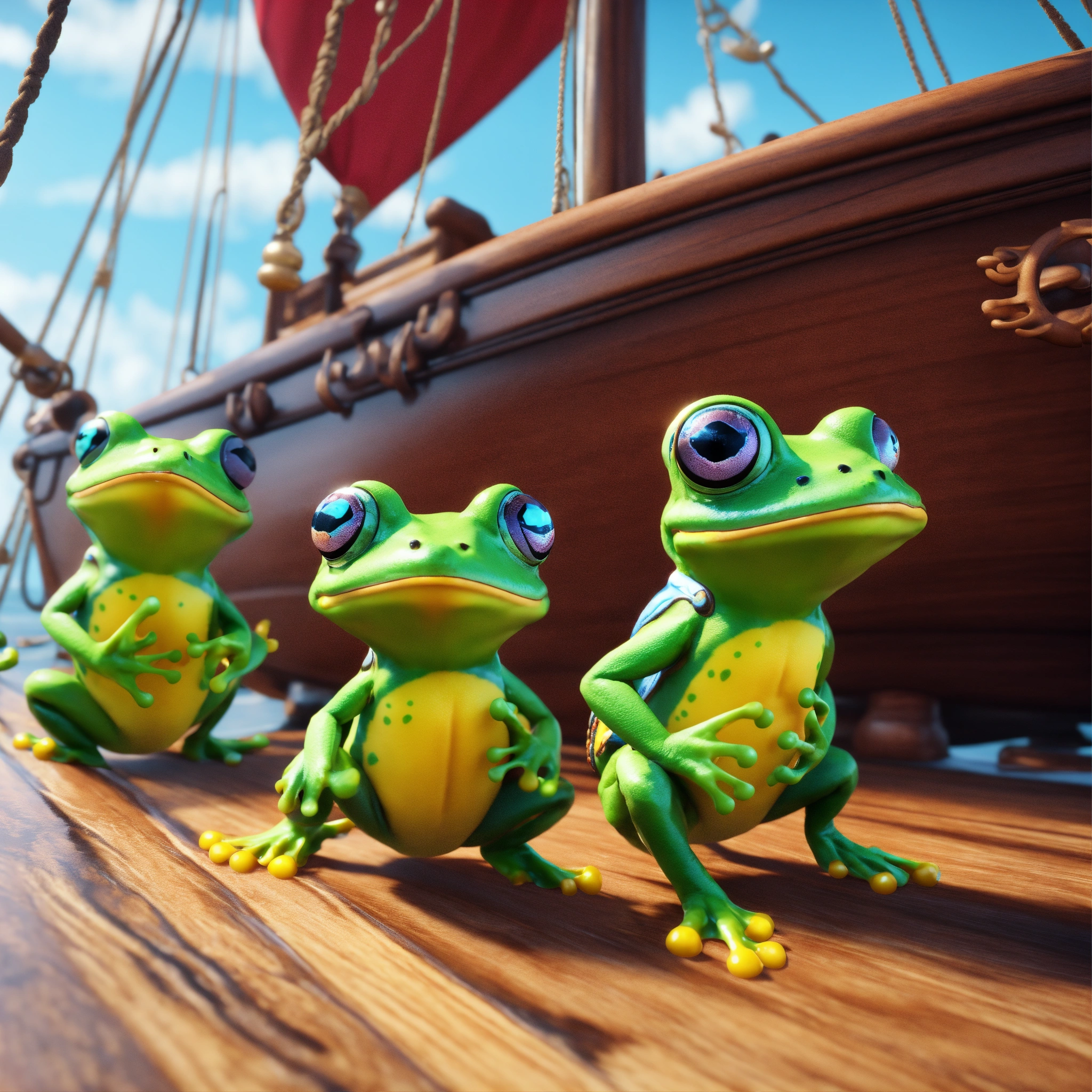 Lexica - A cute frighted crew of frogs running around on a a sailing ...