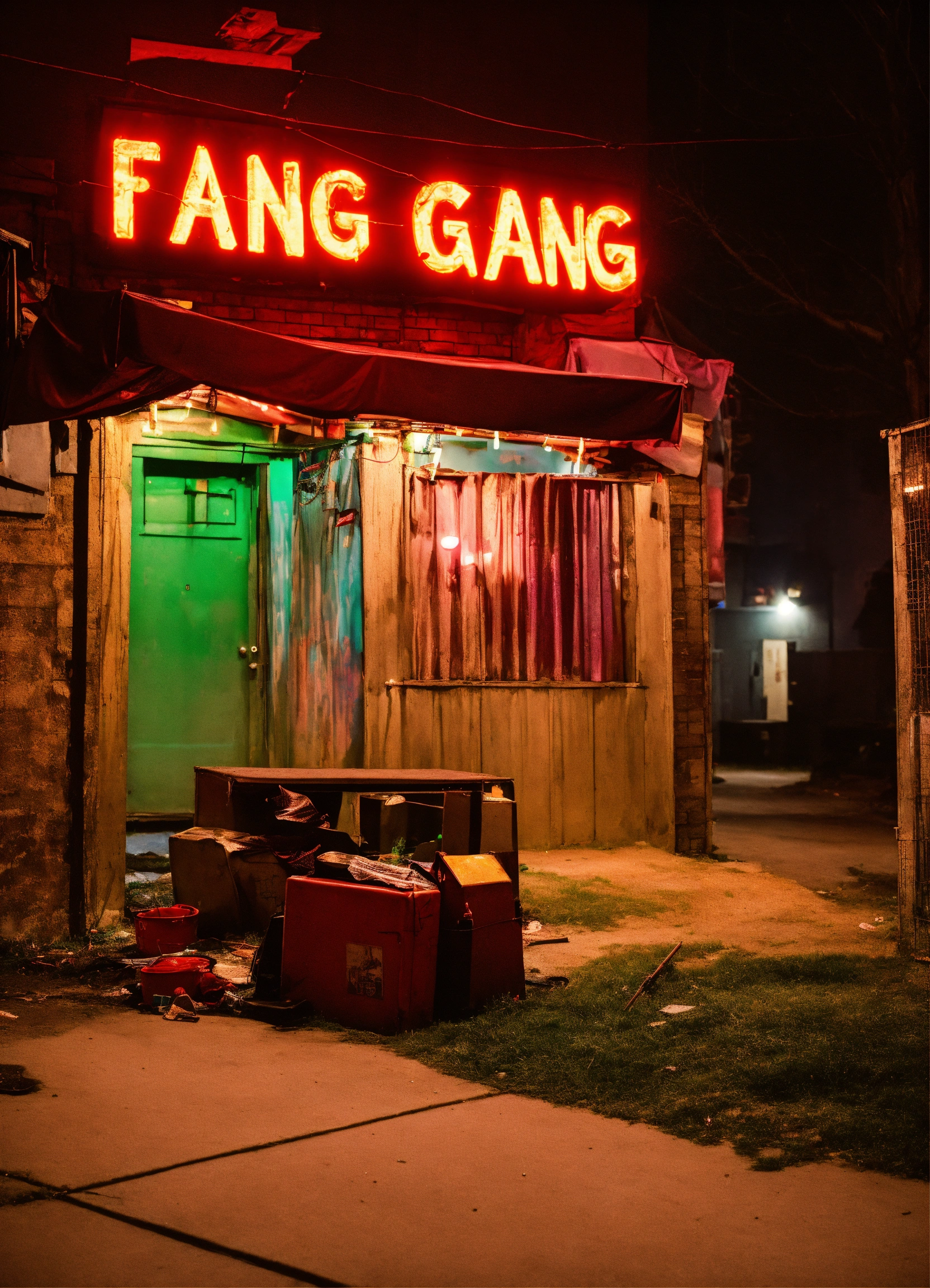 Lexica - Inside of a Trap house urban neighborhood with the words FANG ...