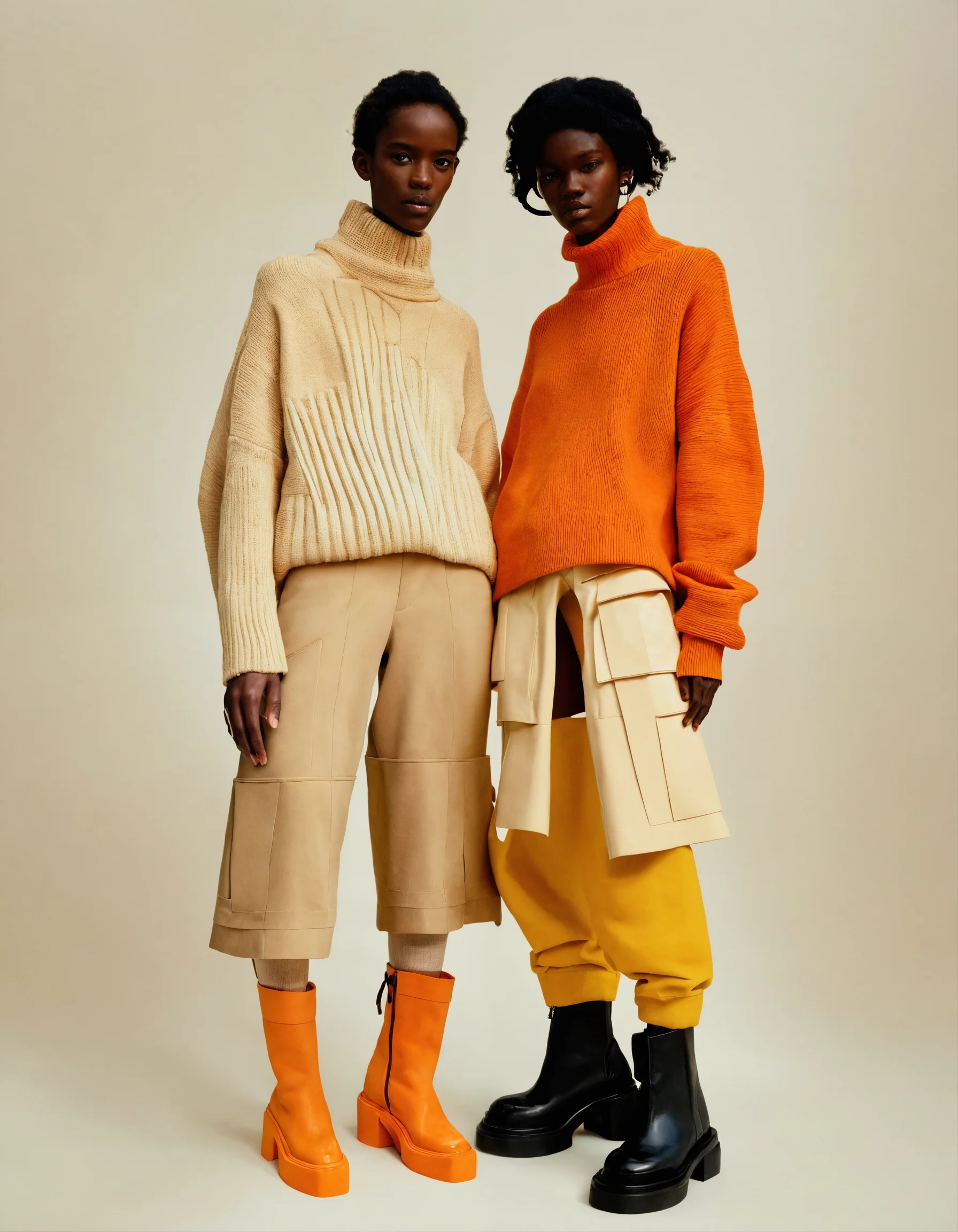 Lexica - Two models wearing orange sweaters and ankle boots, in the ...