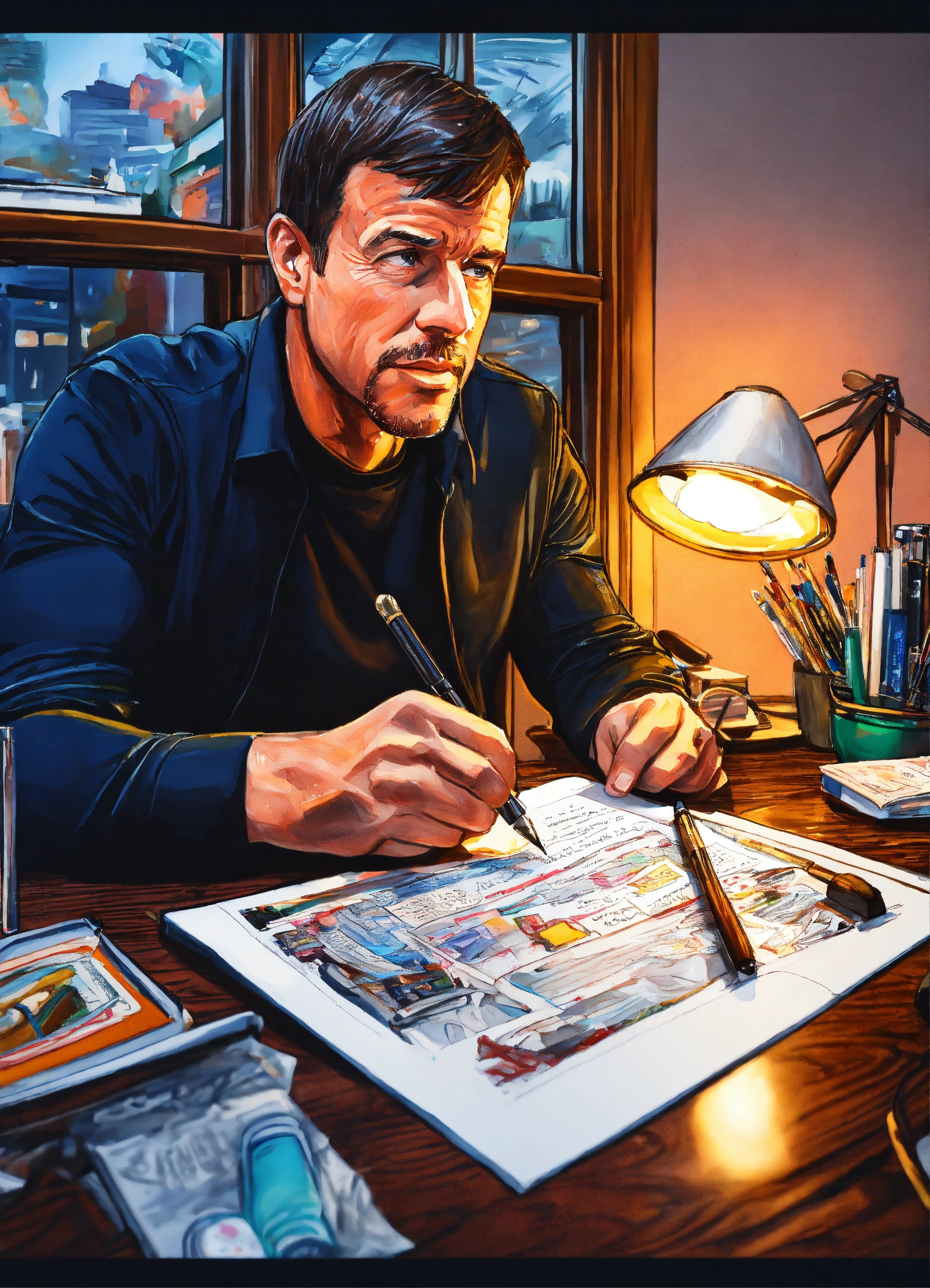 Lexica - A hand drawn painting of a Tony Robbins writing his blog post ...