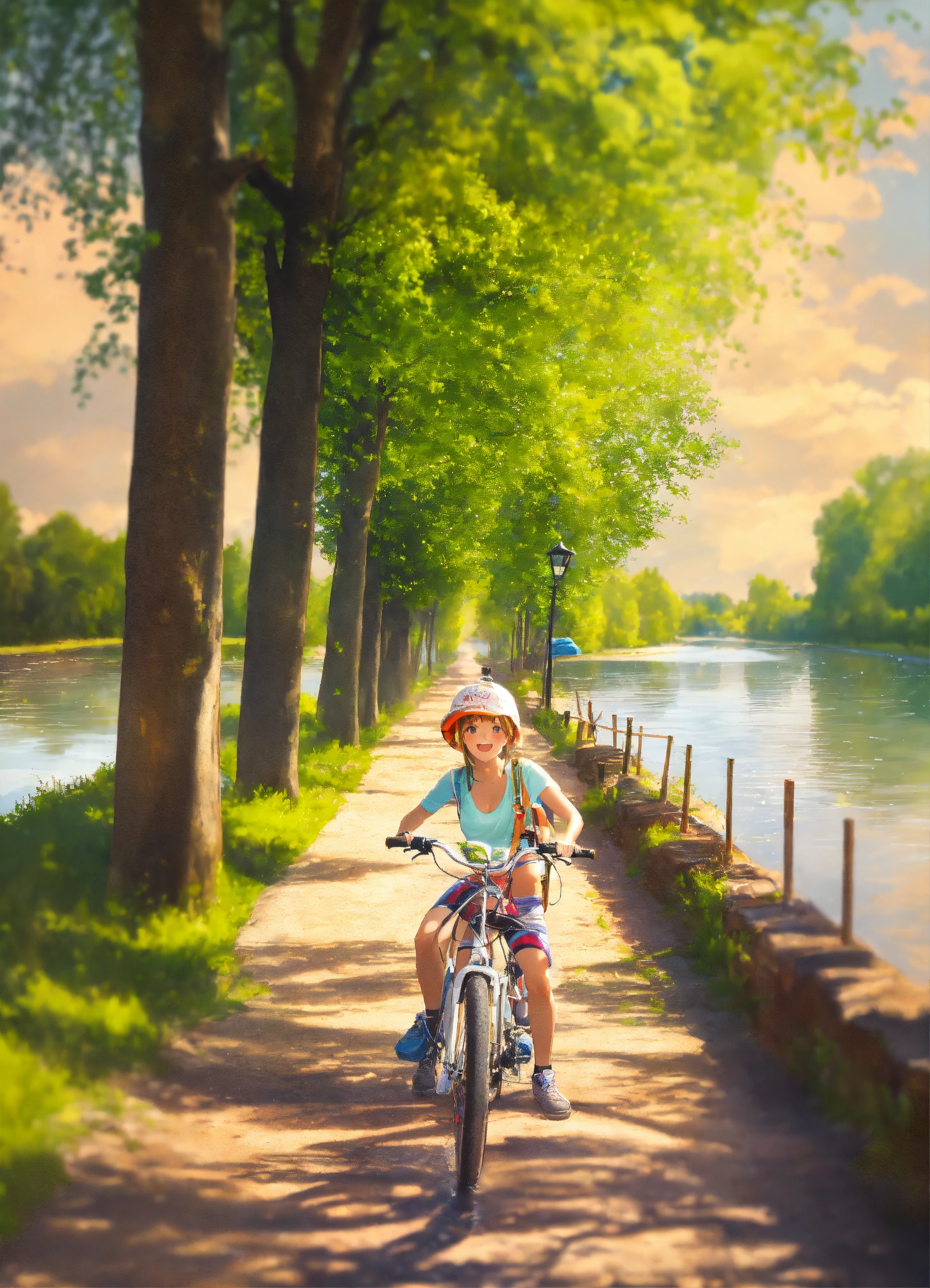 Lexica - Summer, a girl and a boy on bicycles, tree-lined dirt road ...