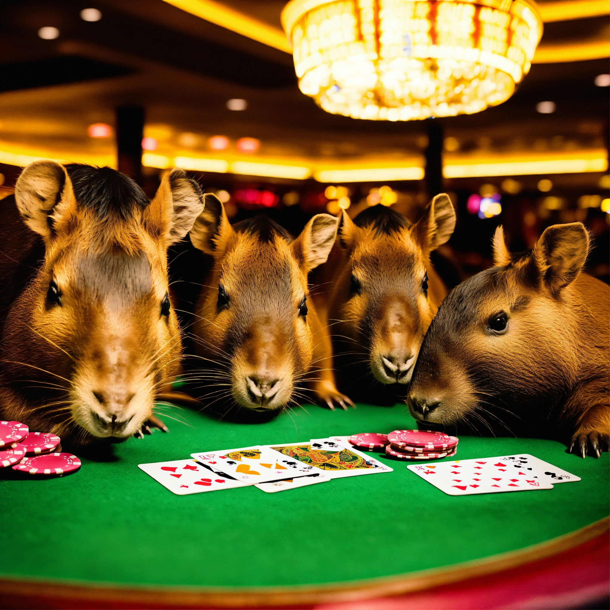Lexica - Photo of a group of capybaras playing cards in a casino in Las ...