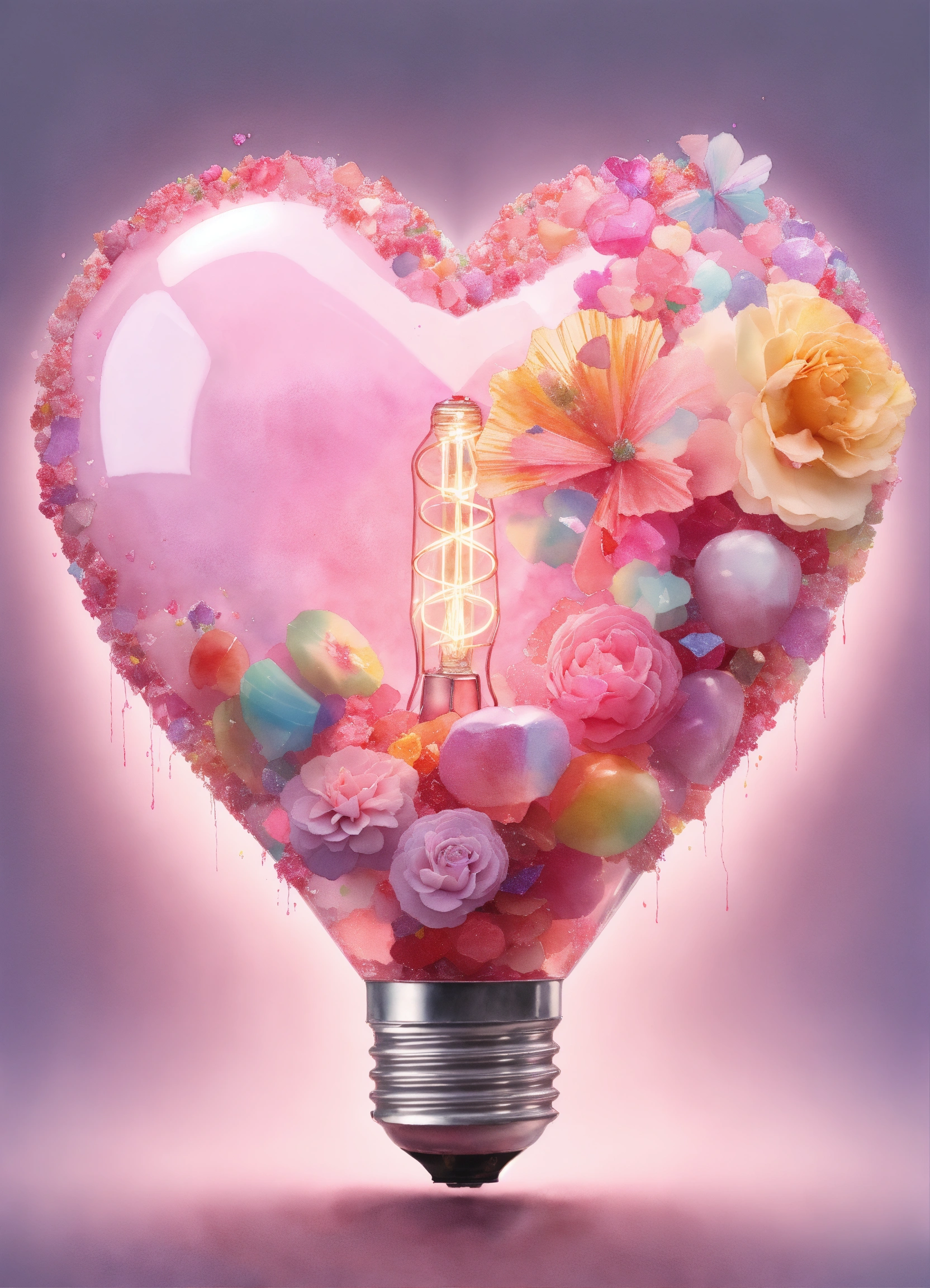 Lexica - Pastel light pink Candy inside, edison lightbulb heart shaped ...
