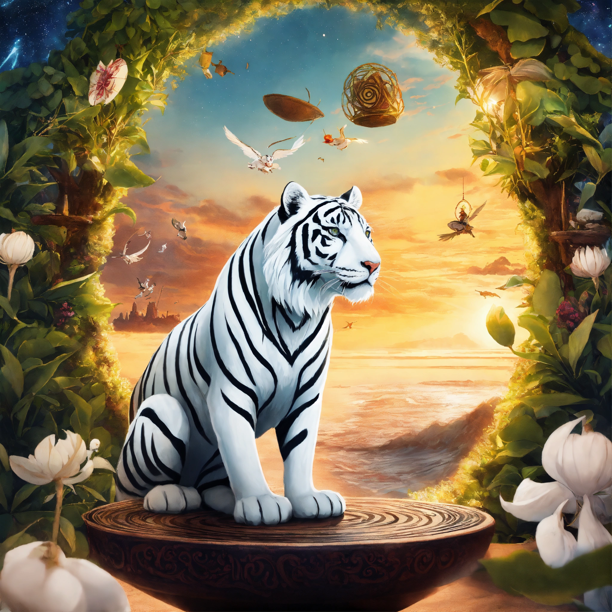 Lexica - Image. illustrate a white tiger in a yoga position on coconut ...